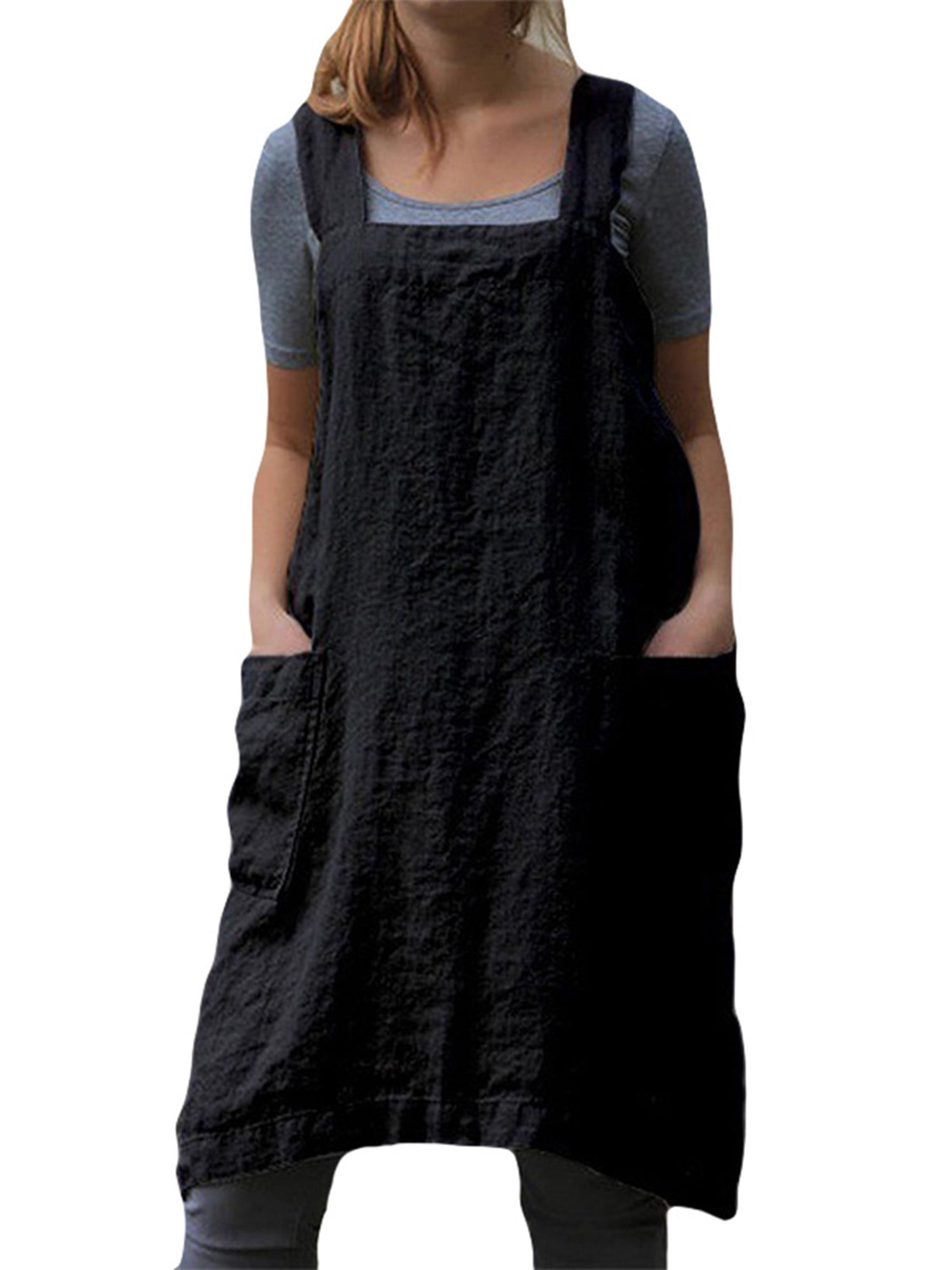 Cindysus Women Bib Square Neck Midi Dress Solid Color Apron Holiday ...