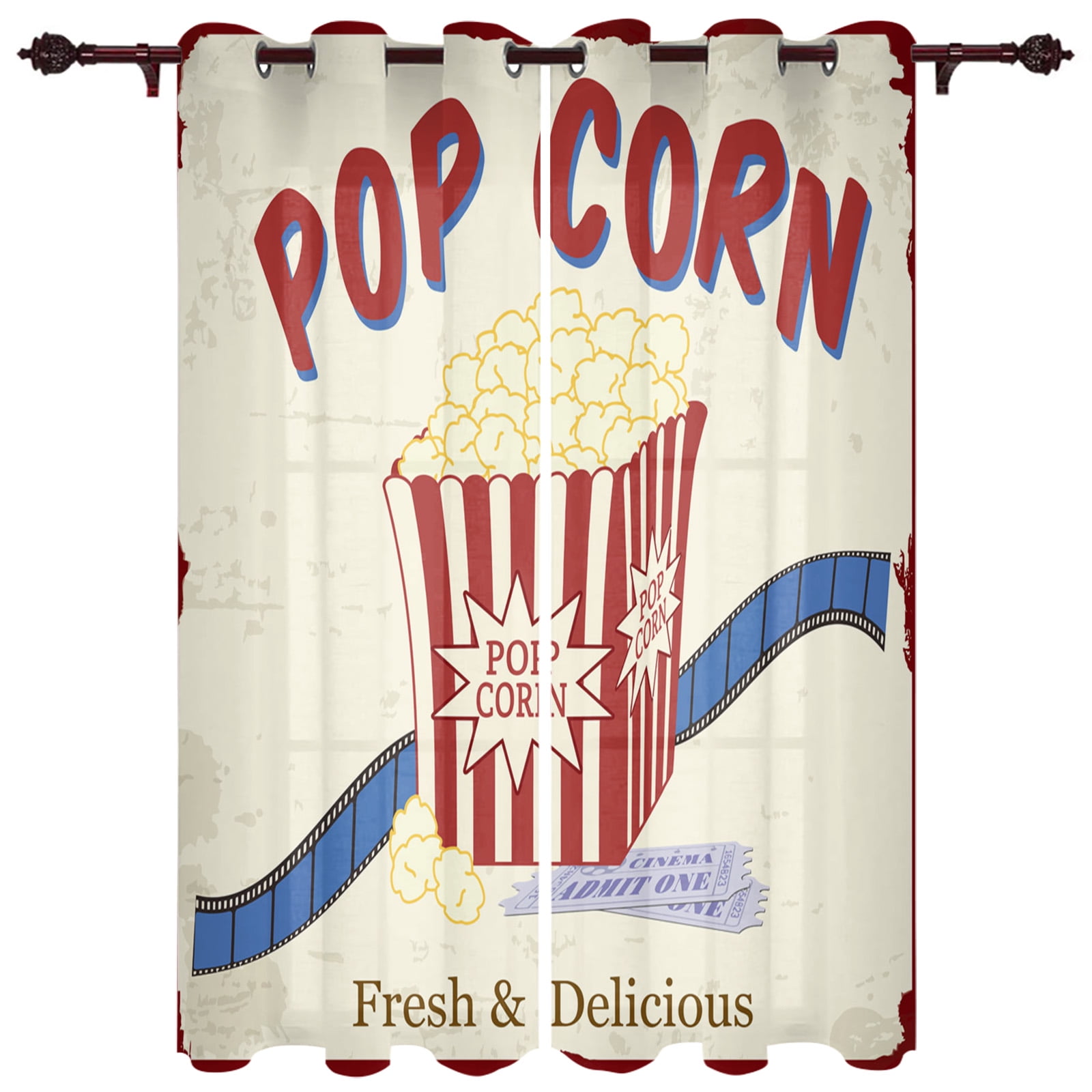 Cinema Film Retro Poster Popcorn And Camera Modern Window Curtains ...