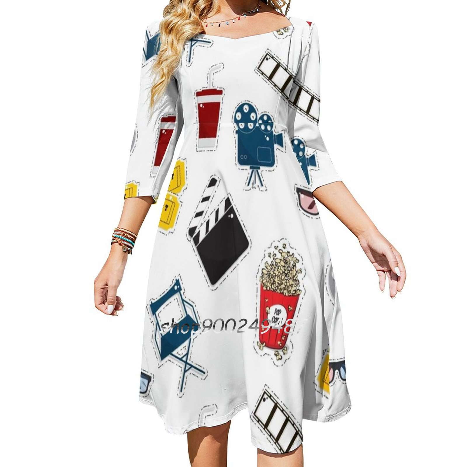 Cinema Movie Pattern Flare Dress Square Neck Dress Elegant Female ...