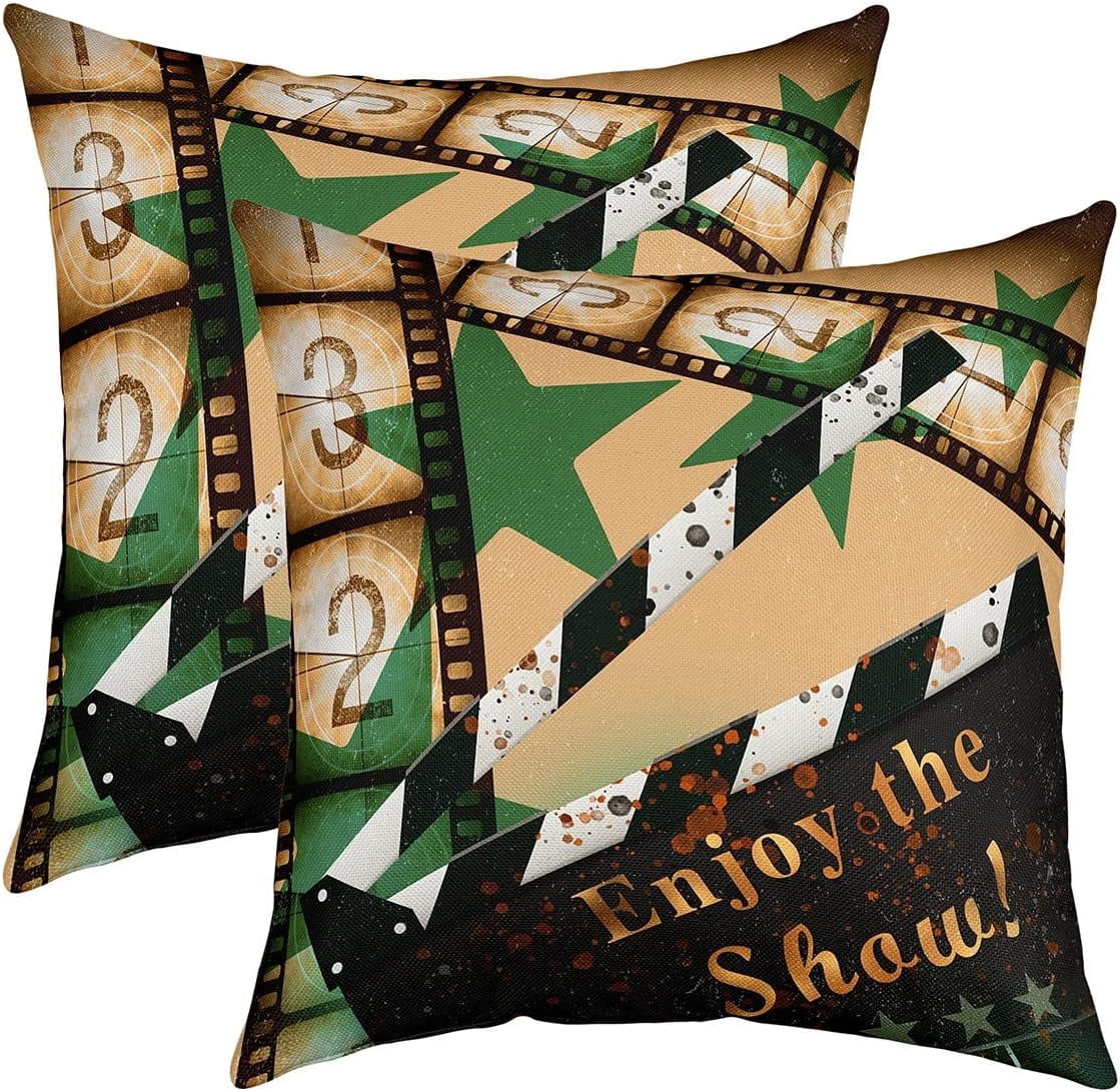 Cinema Movie Theater Square Cushion Covers Set of 2 Movie Time Pillow ...