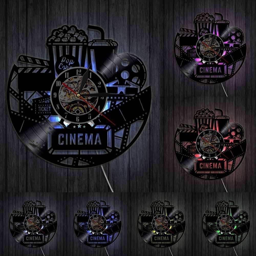 Cinema Production Clock Movie Theater Sign Popcorn Vinyl Record Wall ...