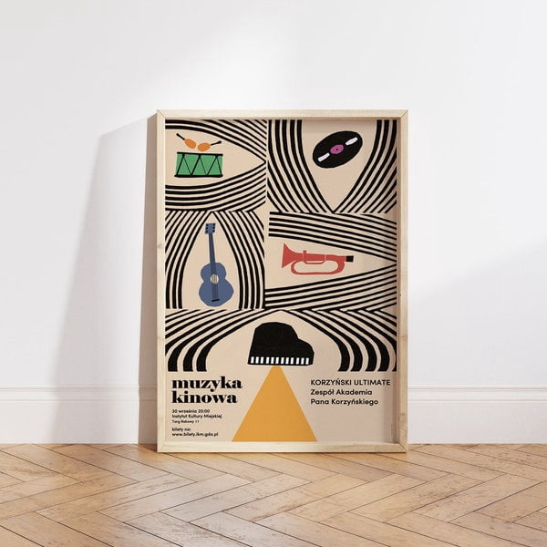 Cinema music, instruments, trumpet guitar drum vinyl piano, gigposter ...