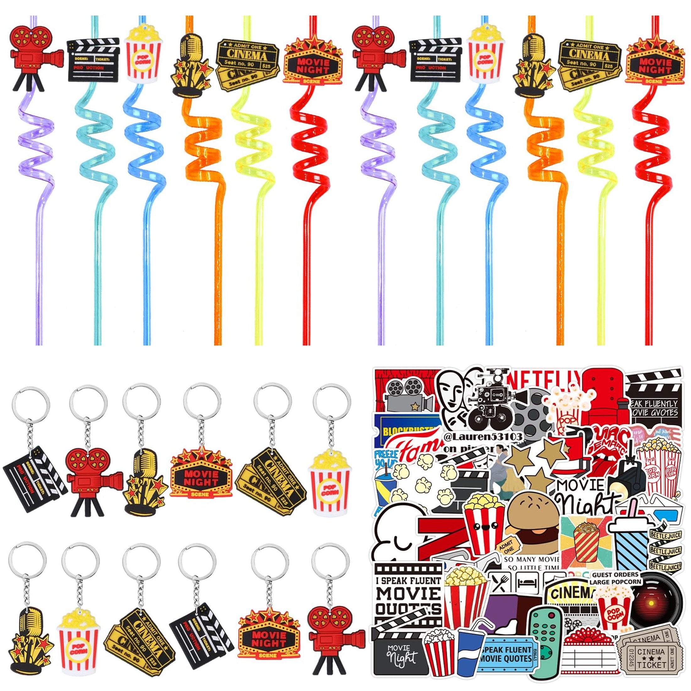 Cinematic Celebration Kit: 12 Movie Night Keychains, Fun Crazy Straws ...