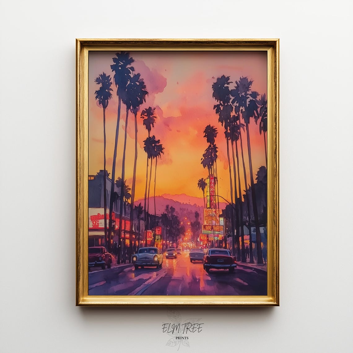 Cinematic Sunset Boulevard At Dusk, Moody Watercolor Art, Urban ...