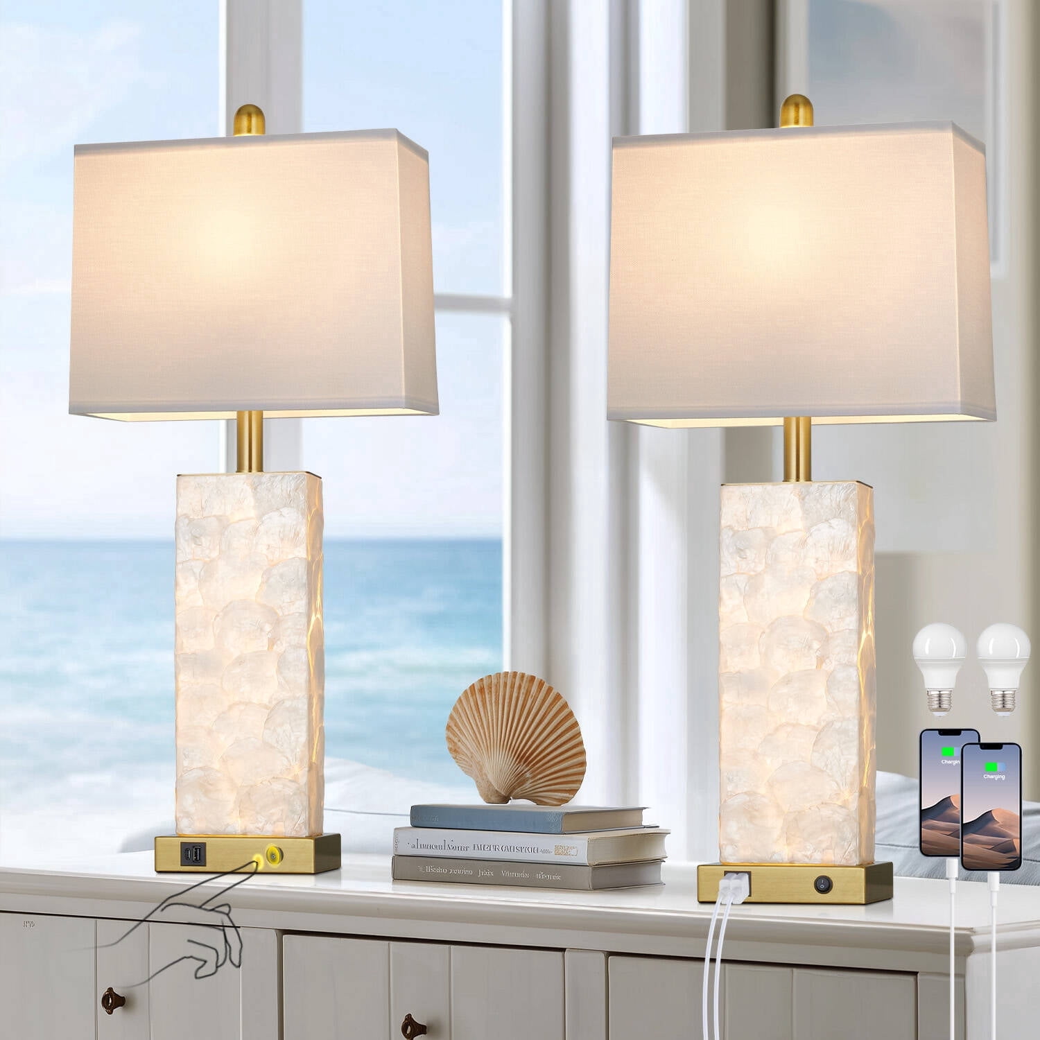 Cinkeda 28" Coastal Table Lamps Set of 2, Seashell Bedside Lamps with ...