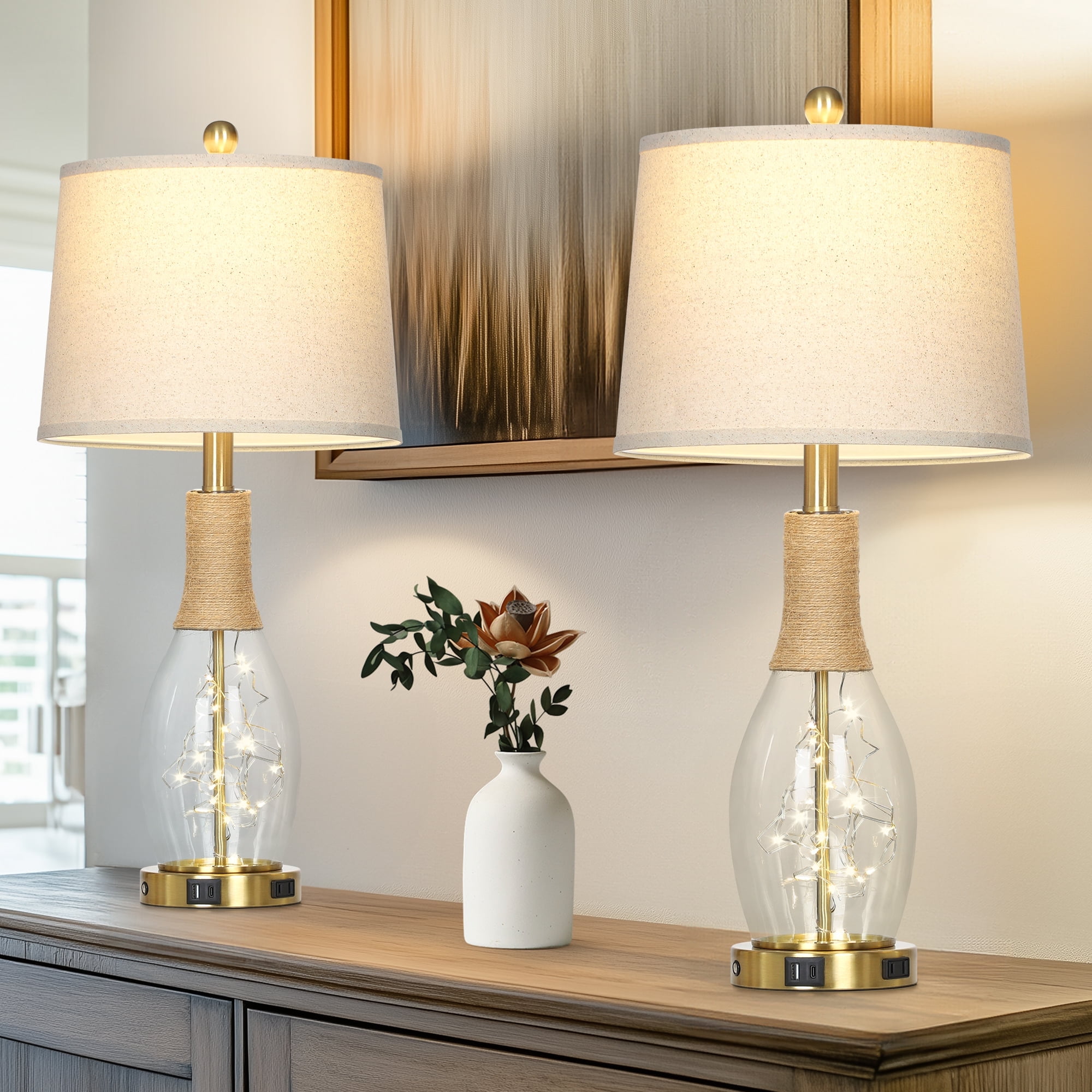 Cinkeda Gold Table Lamps Set of 2 for Living Room Bedroom 27" Tall Boho ...