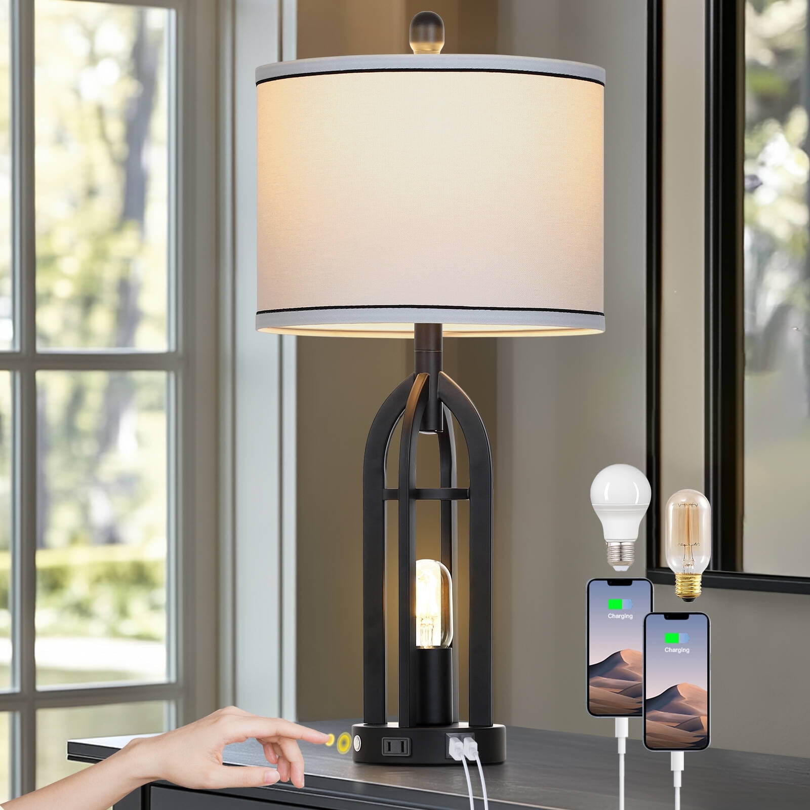 Cinkeda 3 Way Dimmable Single Table Lamp with AC Outlet USB A+C ...