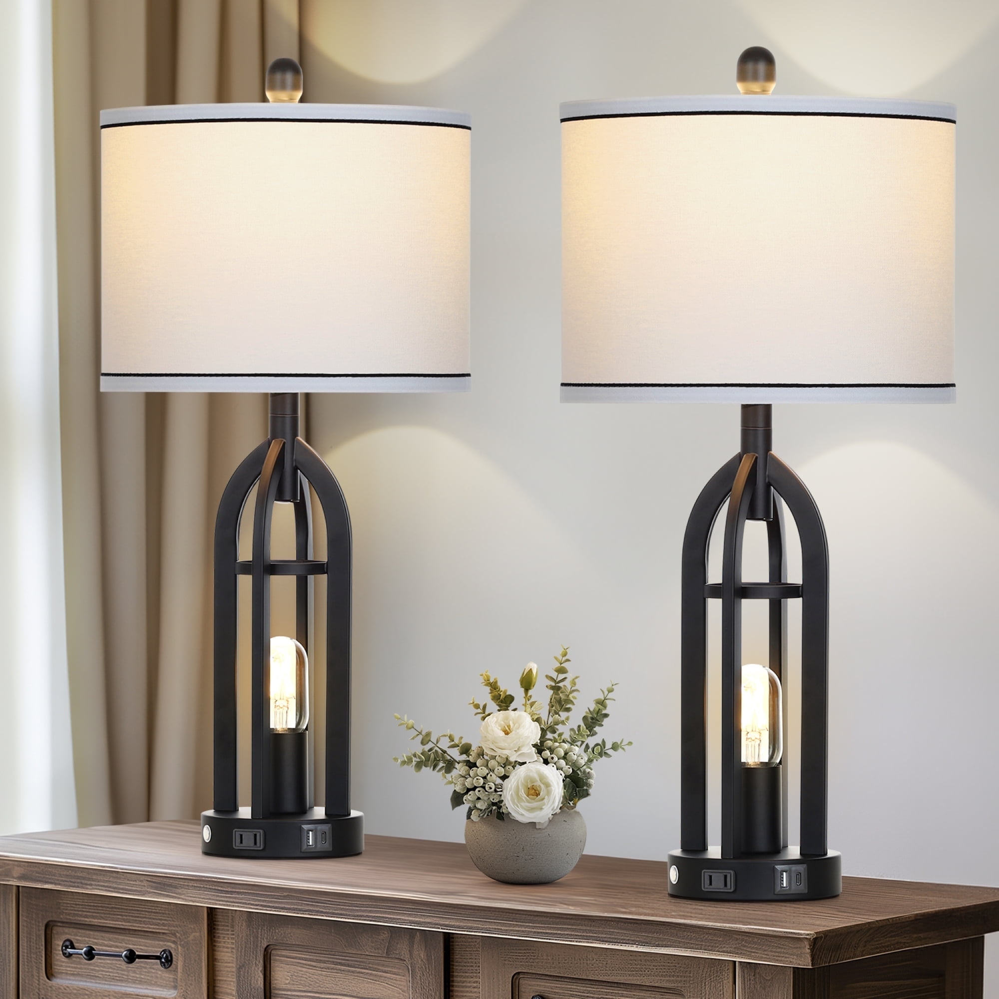 Free Shipping! Cinkeda 3 Way Dimmable Industrial Black Table Lamps Set ...