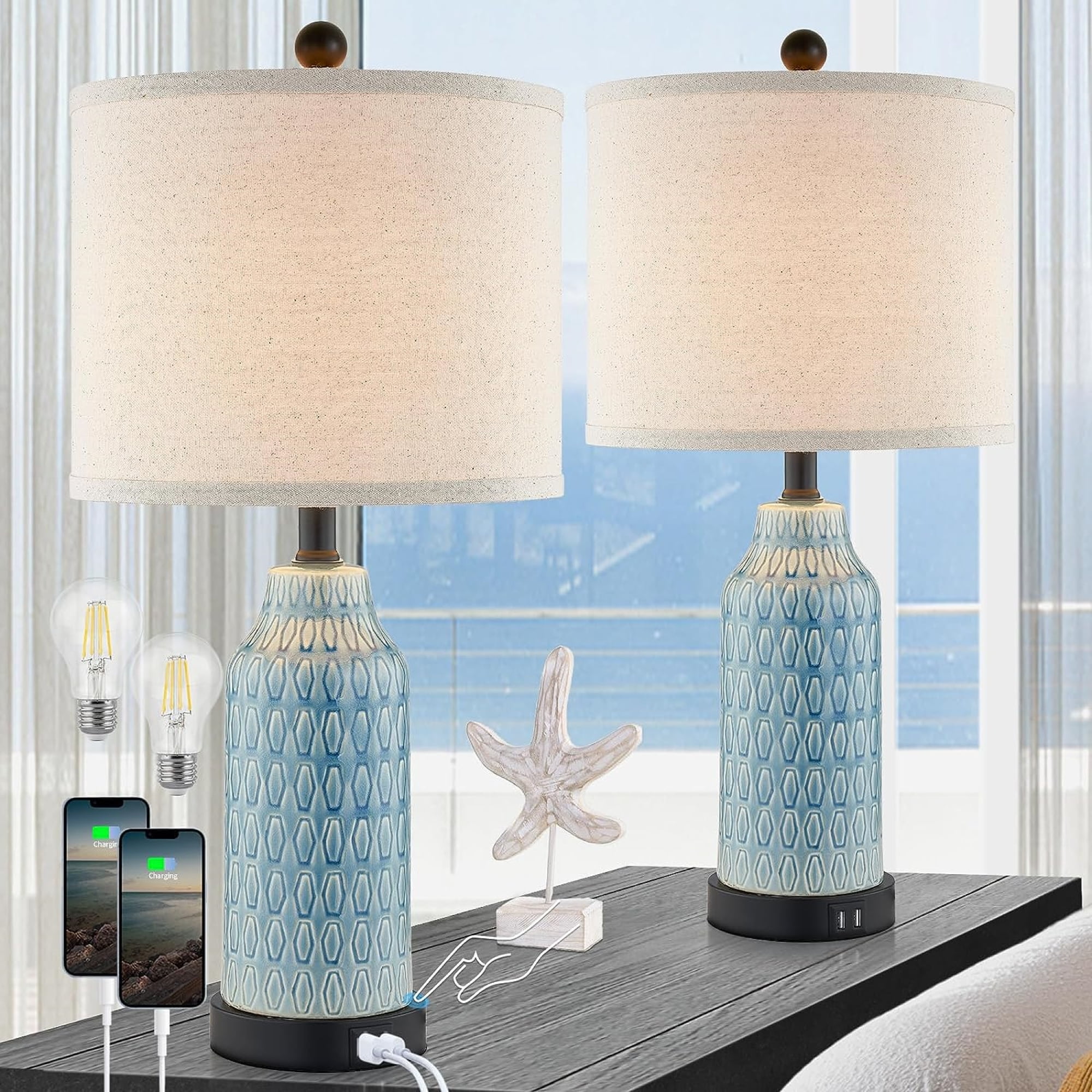 Cinkeda 3 Way Dimmable Touch Ceramic Table Lamps Set of 2 with USB ...