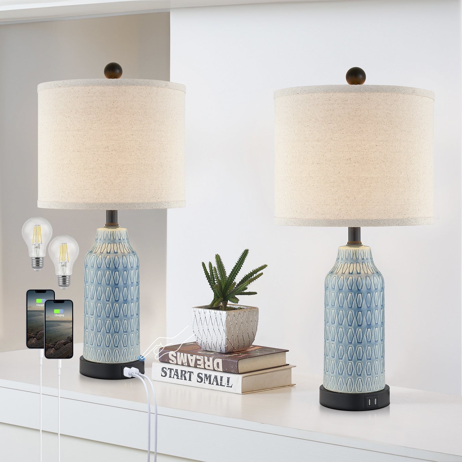 Cinkeda 3 Way Dimmable Touch Ceramic Table Lamps Set of 2 with USB ...