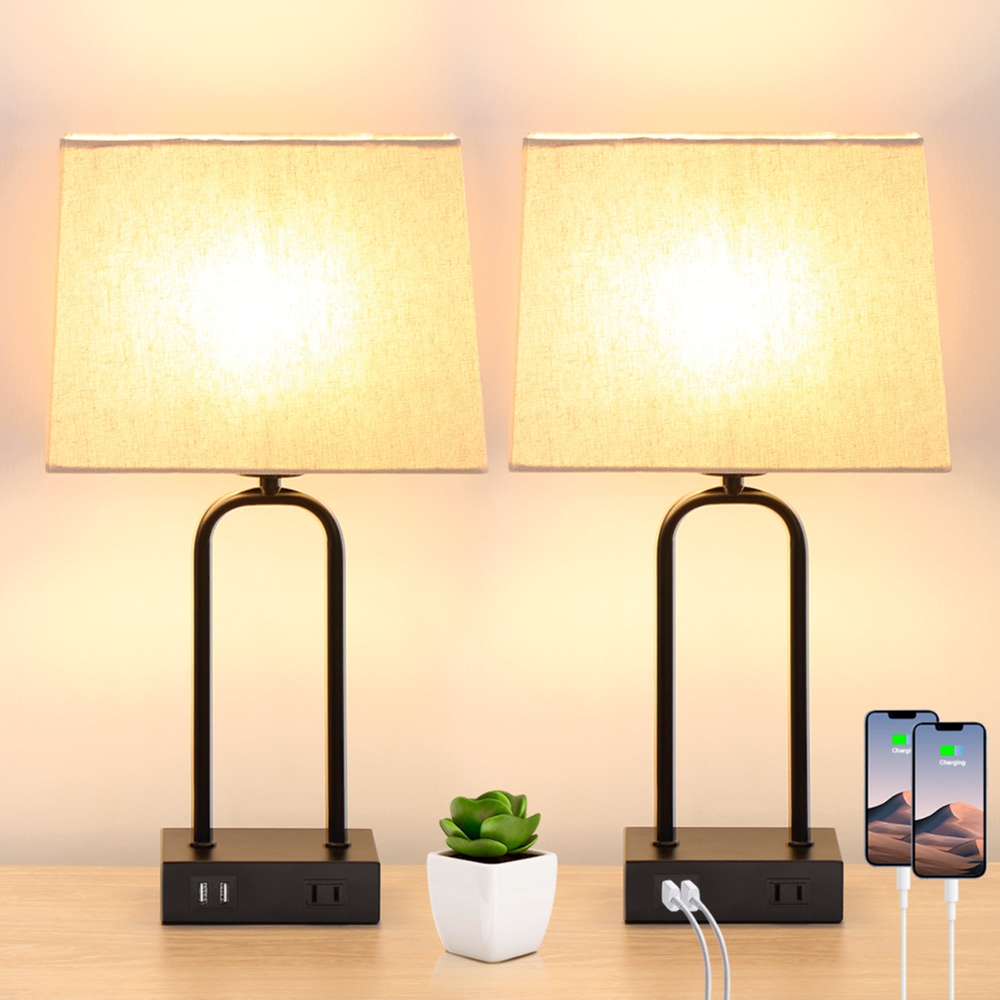 Cinkeda 3 Way Dimmable Touch Table Lamps Set of 2 with USB Ports AC ...