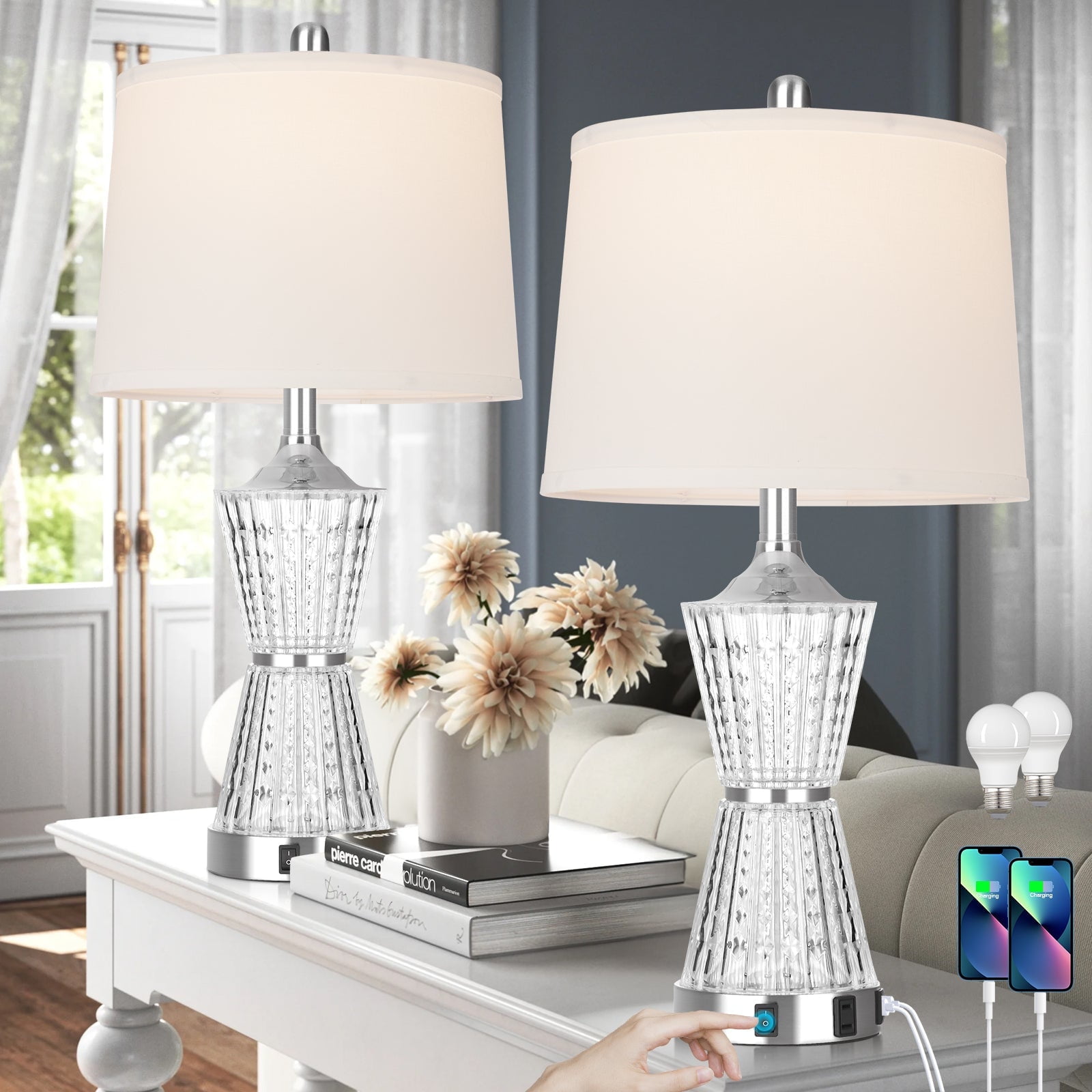 Cinkeda Acrylic Table Lamps Set of 2 with Night Light USB Ports AC ...