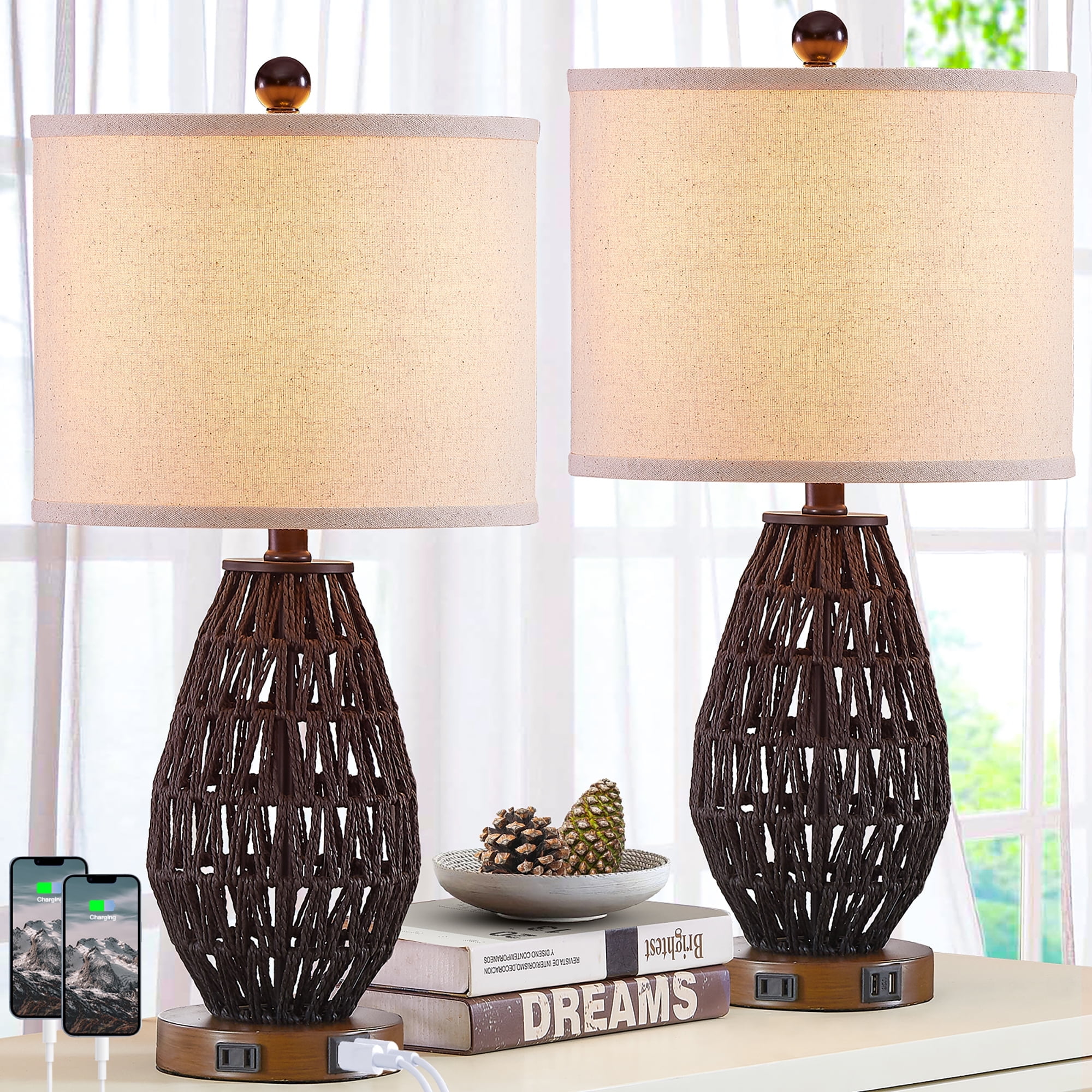 Cinkeda Black Rattan Table Lamp Set of 2 for Living Room Bedroom 3 Way ...