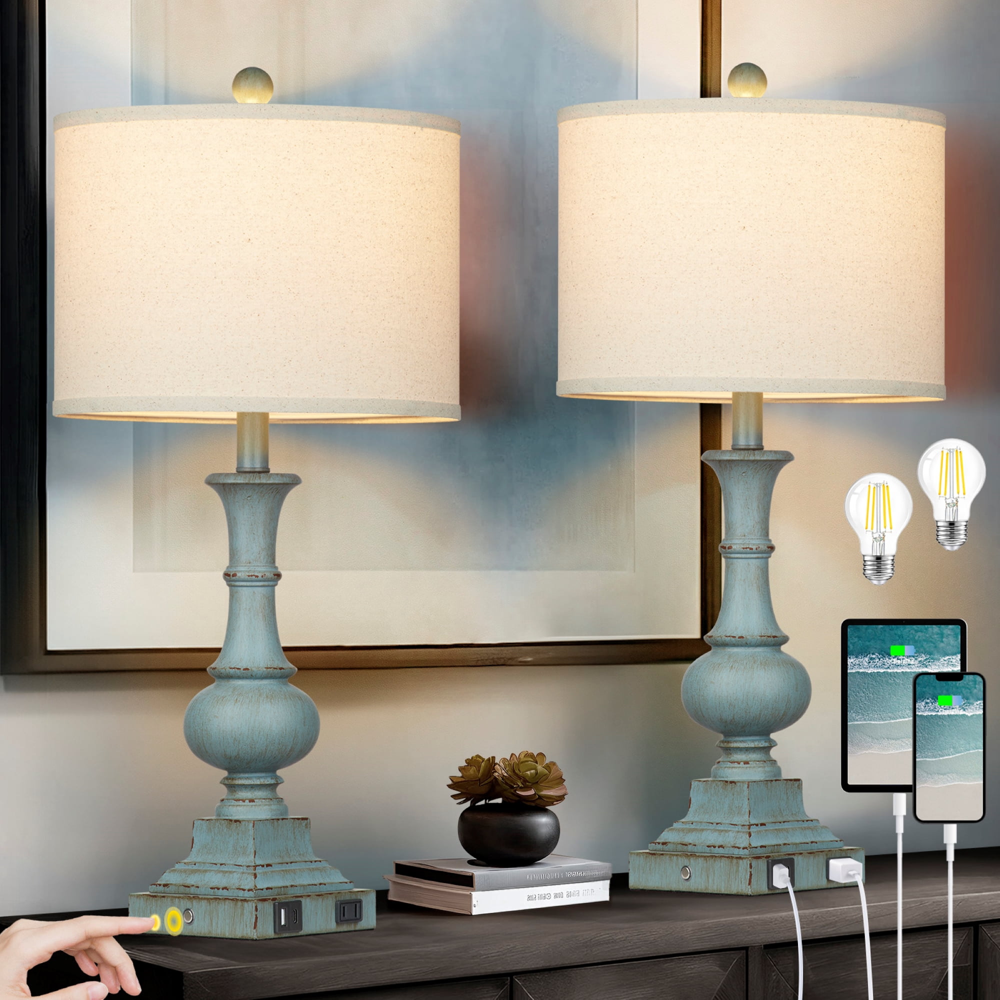 Cinkeda Farmhouse Resin Table Lamp Set of 2 with USB A+C Ports AC ...