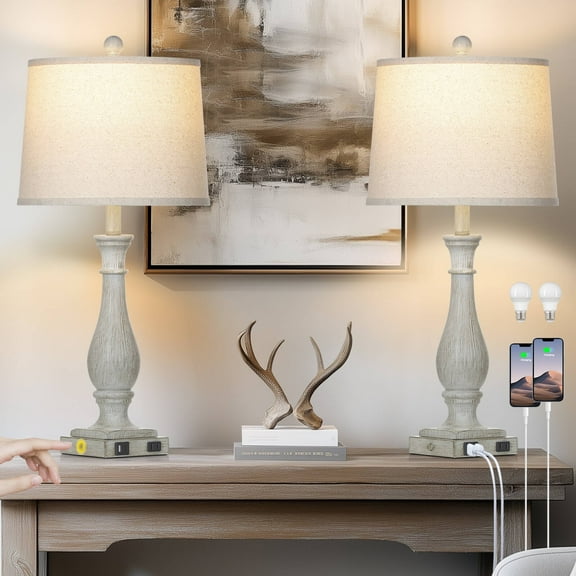 Farmhouse Table Lamps with 2 USB Ports, Set of 2 Rustic Industrial Desk ...
