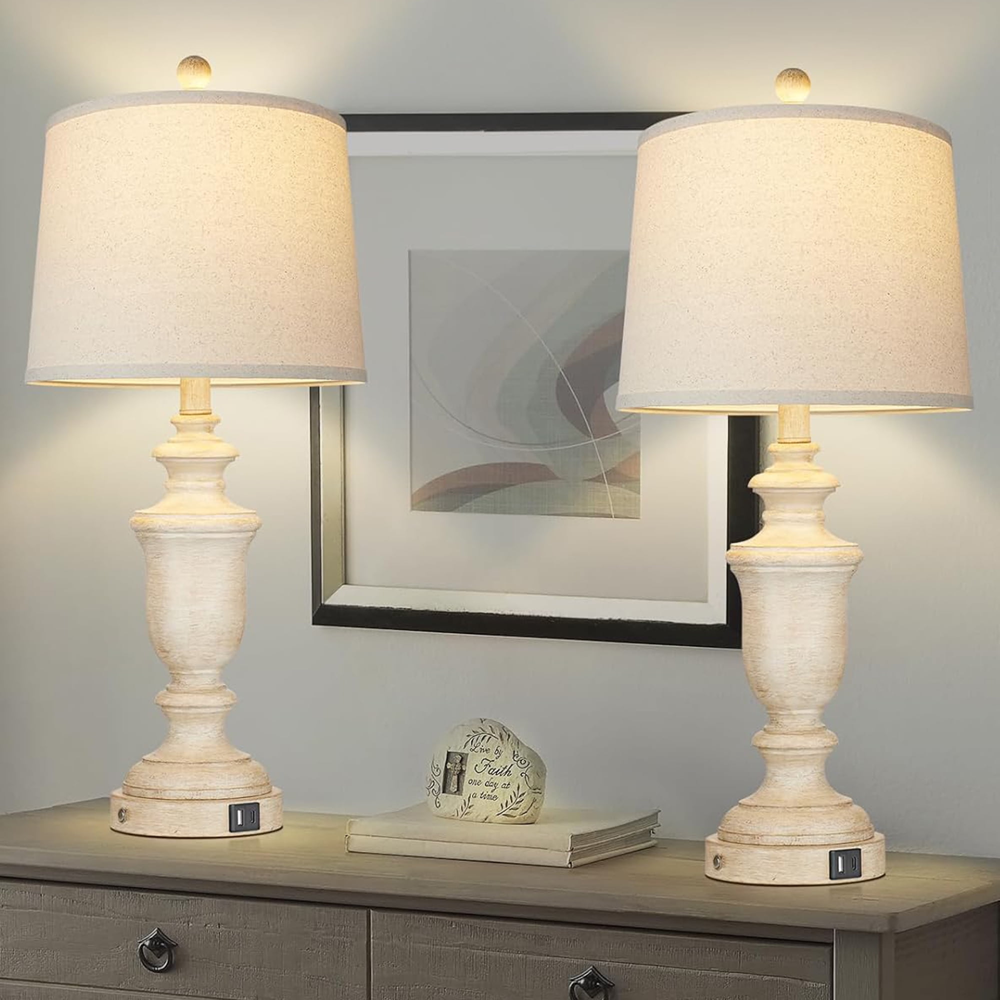 Cinkeda Farmhouse Table Lamp Set of 2 with USB A+C Port AC Outlet for ...