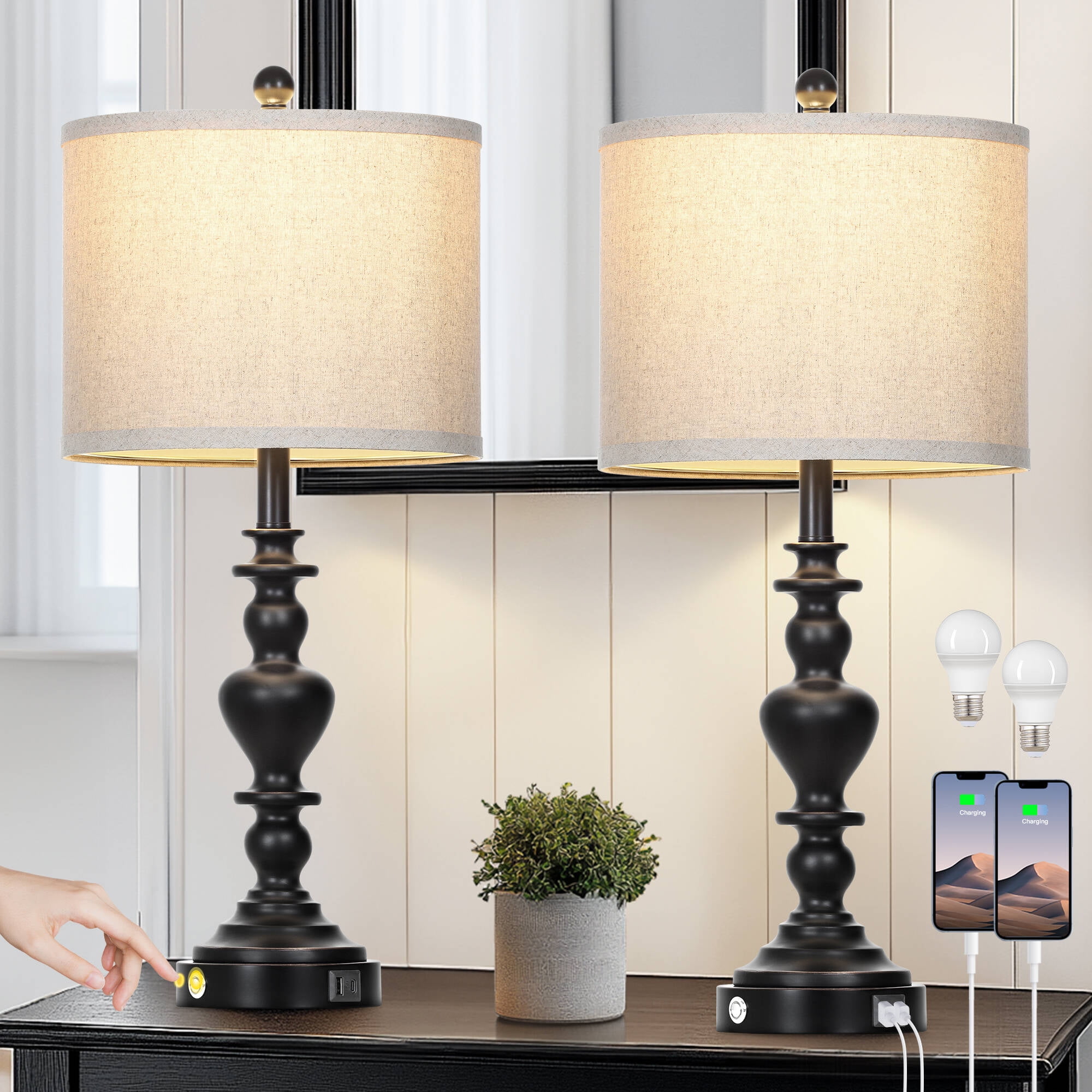Cinkeda Farmhouse Table Lamp Set of 2 with USB A+C Port AC Outlet for ...