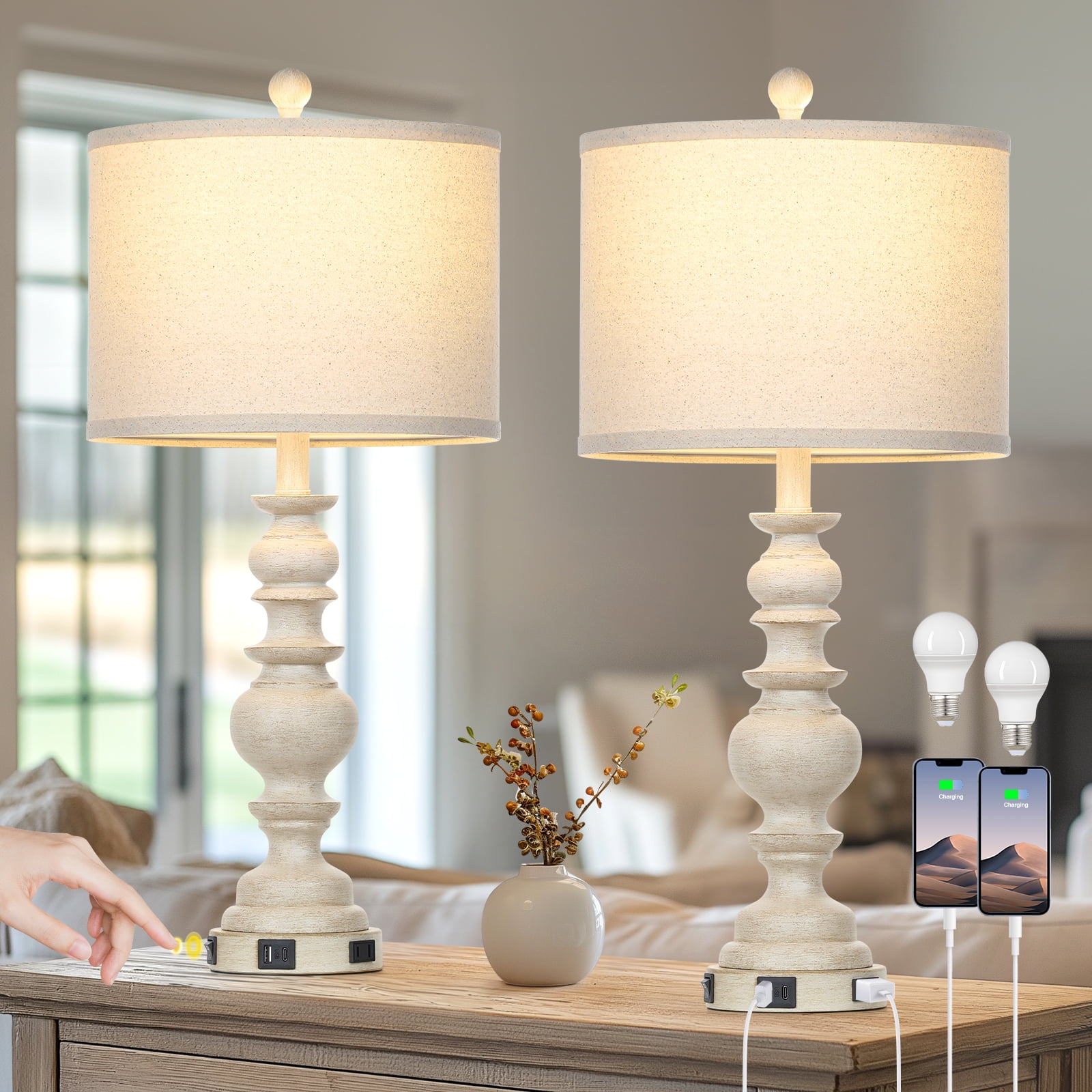 Cinkeda Farmhouse Table Lamps Set of 2 for Bedroom Living Room 27.5 ...