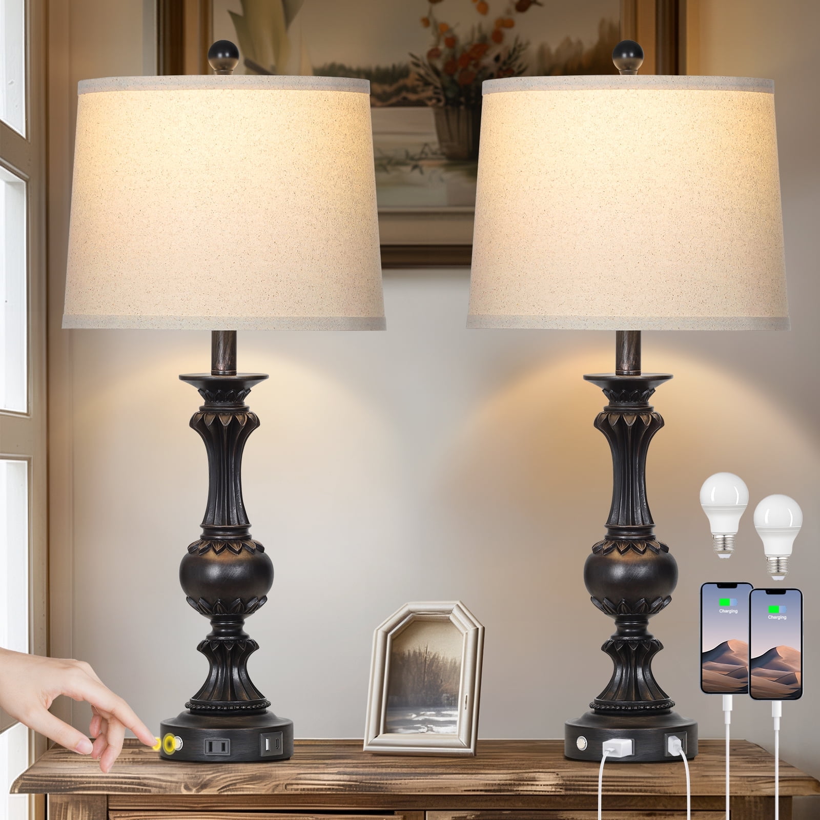 Cinkeda Farmhouse Table Lamps Set of 2 for Bedroom Living Room 3-Way ...