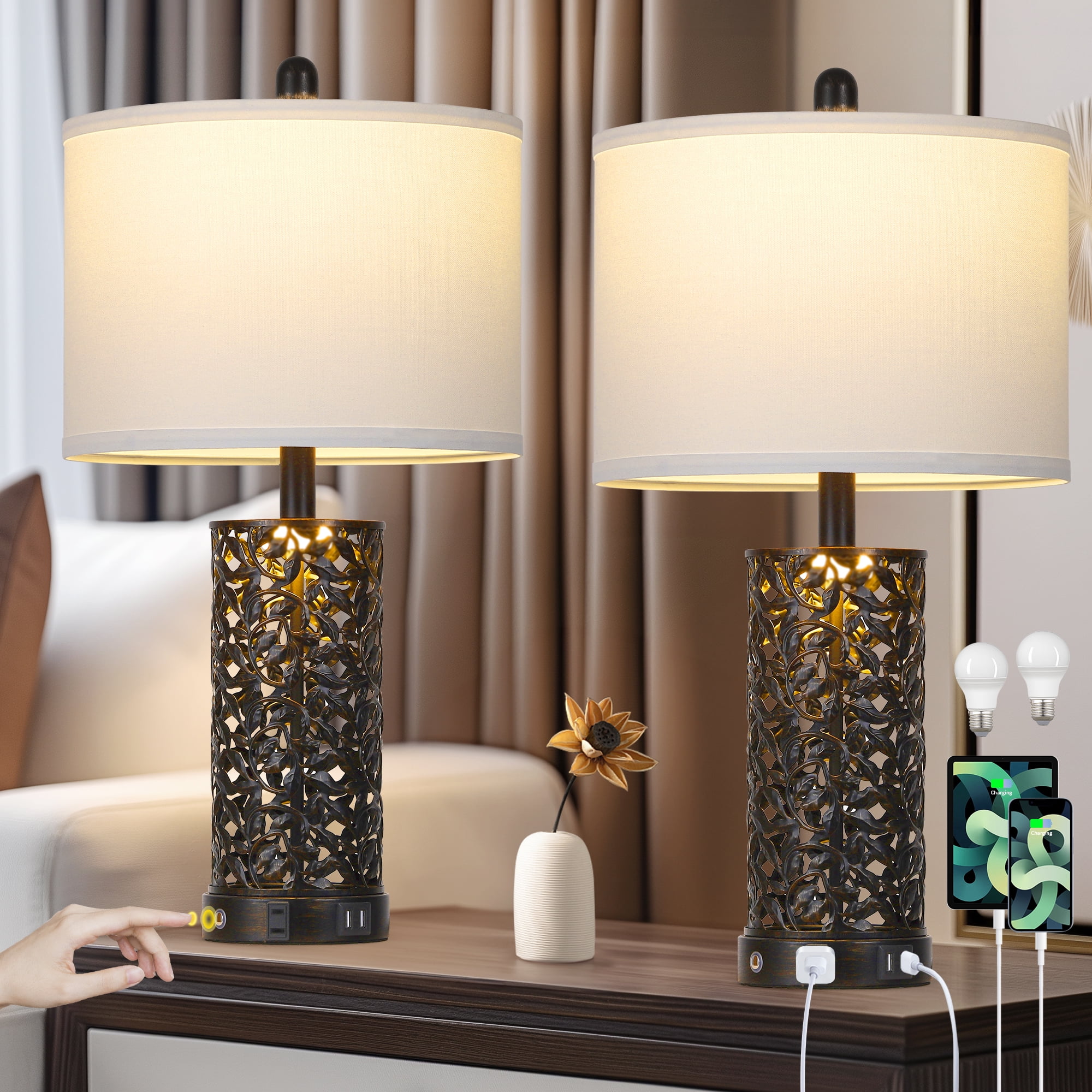 Cinkeda Modern Table Lamp Set of 2 with USB Ports AC Outlet 3 Way ...