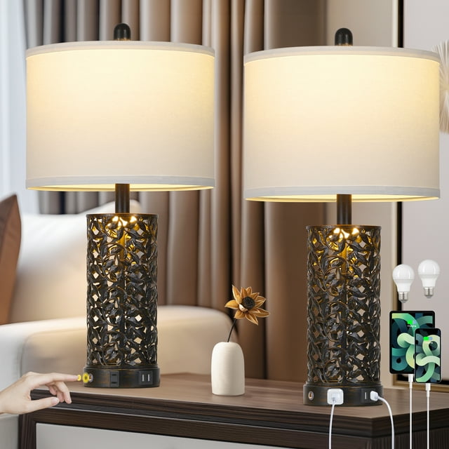 Cinkeda Modern Table Lamp Set of 2 with USB Ports AC Outlet 3 Way Dimmable Touch Nightlight ...