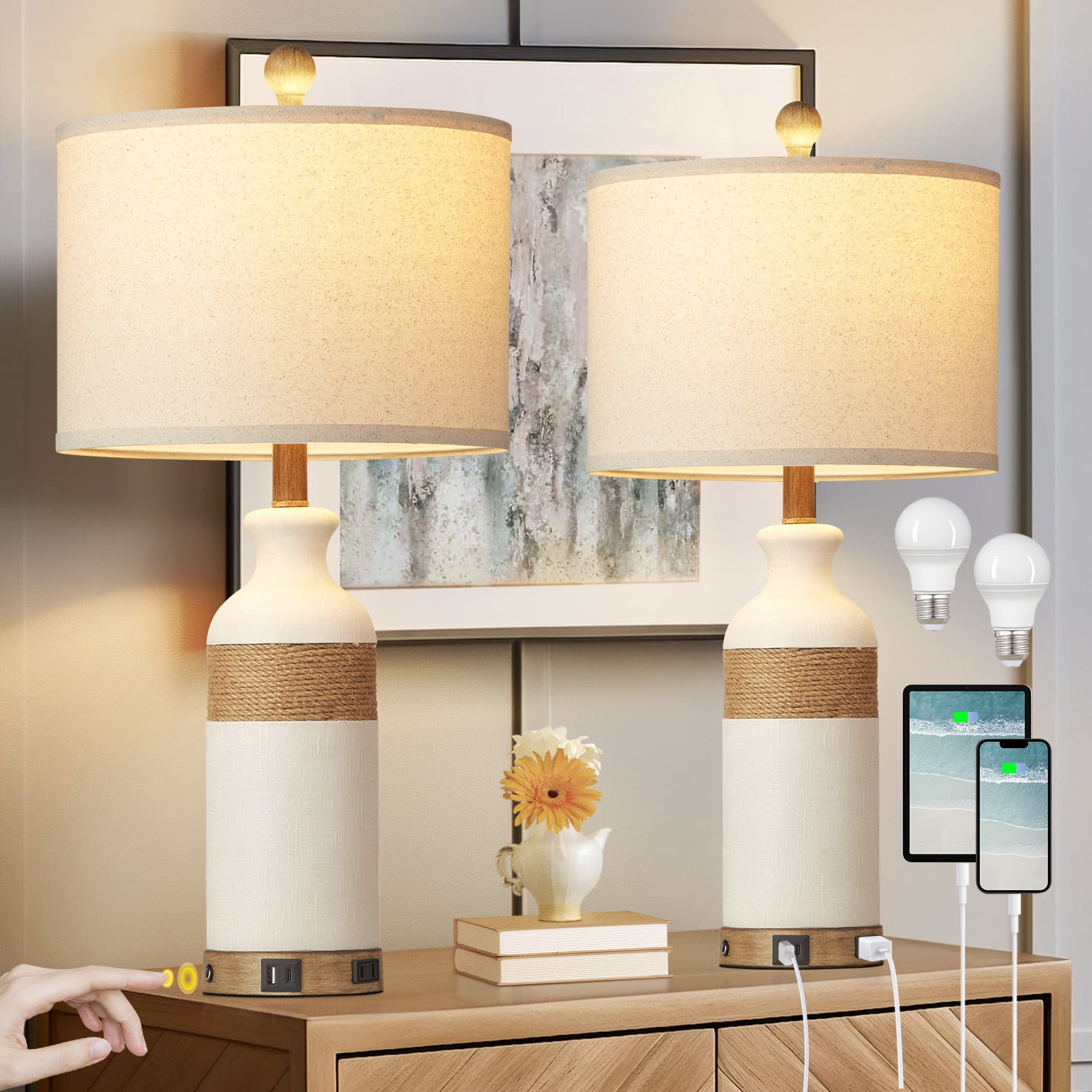 Cinkeda 3 Way Dimmable Touch Control Table Lamps with USB A+C Ports AC ...