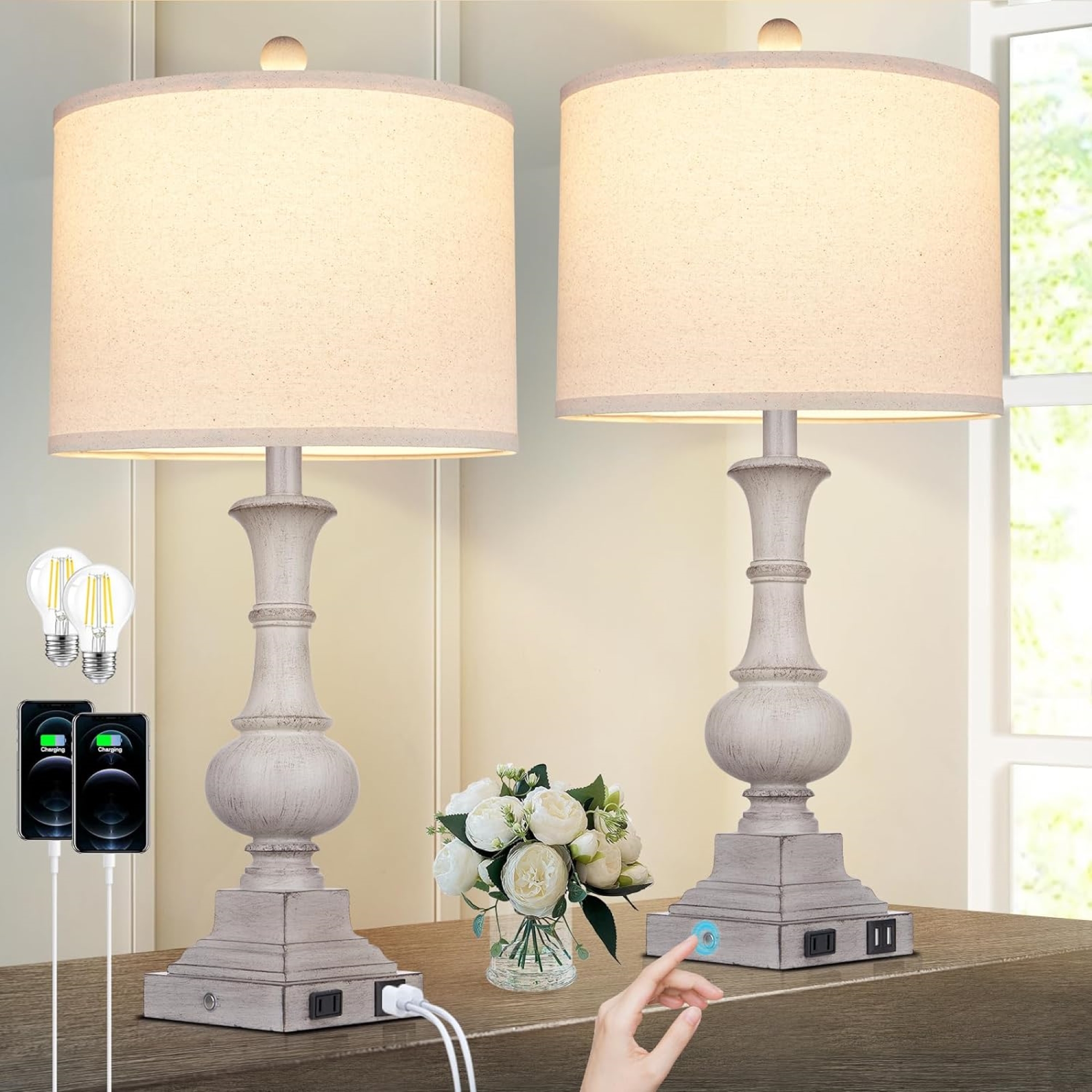Cinkeda Farmhouse Touch Table Lamps with USB Ports AC Outlet Modern 3 ...