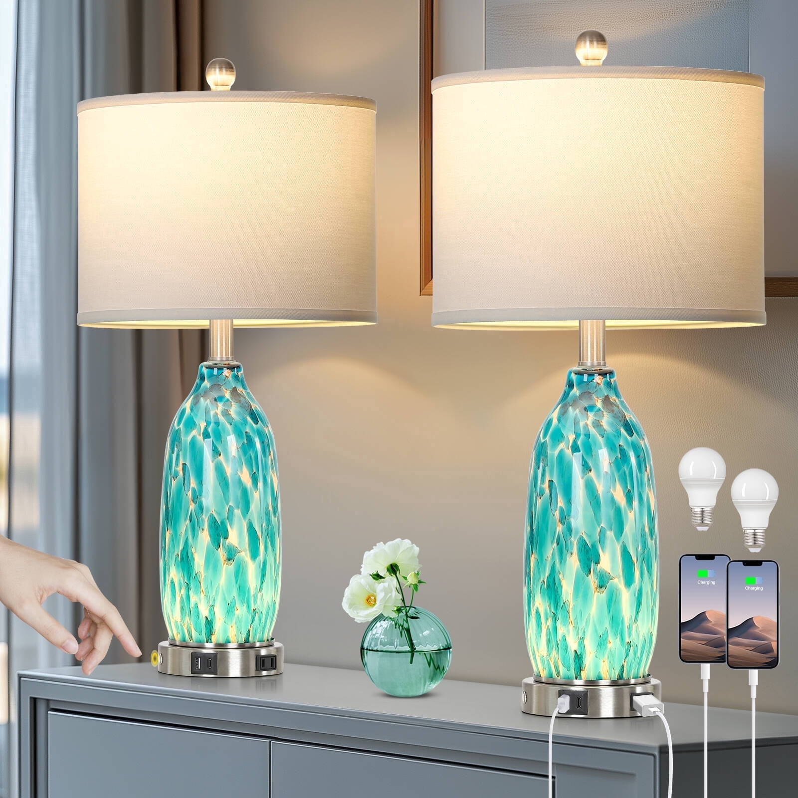 Cinkeda Industrial Blue Table Lamps Set of 2 for Living Room Bedroom ...