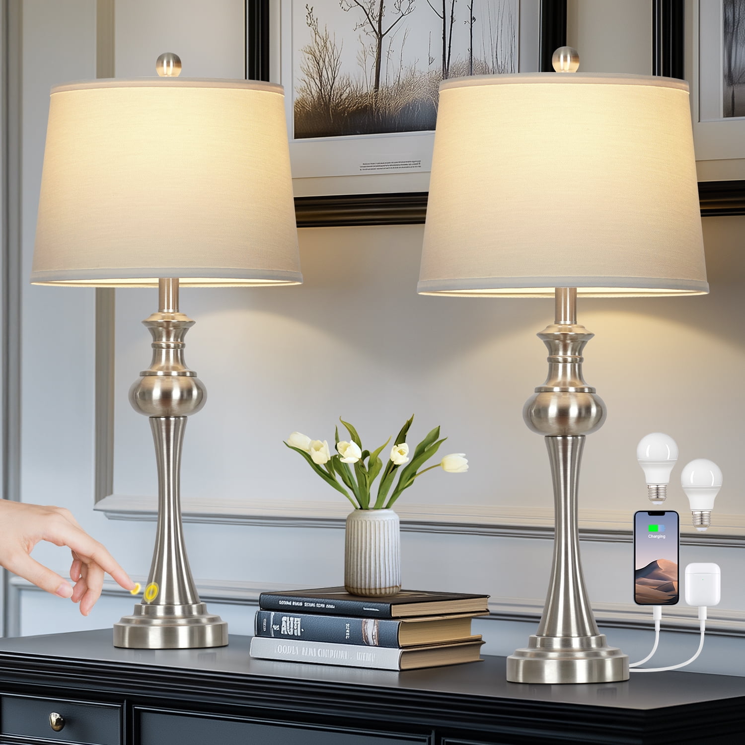 Cinkeda Modern Table Lamp Set of 2 with USB C+A Ports AC Outlet for ...
