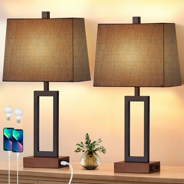 Cinkeda Table Lamp Set of 2, Bedside, USB Charging, Black Metal, Glass ...