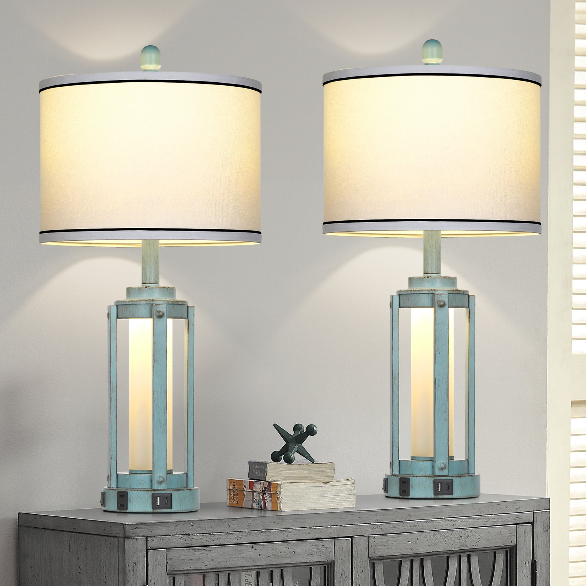 Cinkeda Nautical Blue Table Lamp Set of 2 with USB A+C Ports AC Outlet ...