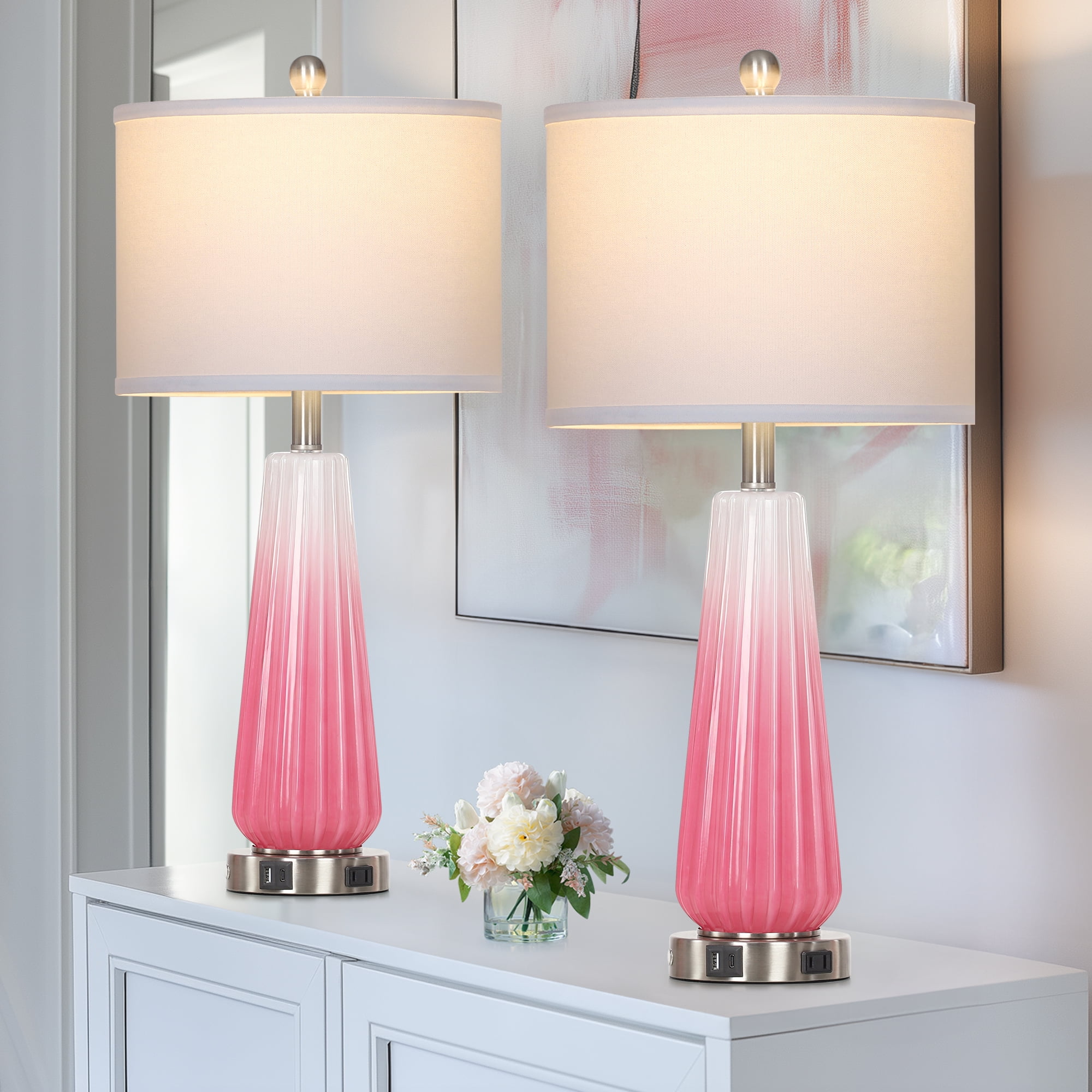 Cinkeda Pink Glass Table Lamps Set of 2 with USB C+A Ports AC Outlet 3 ...