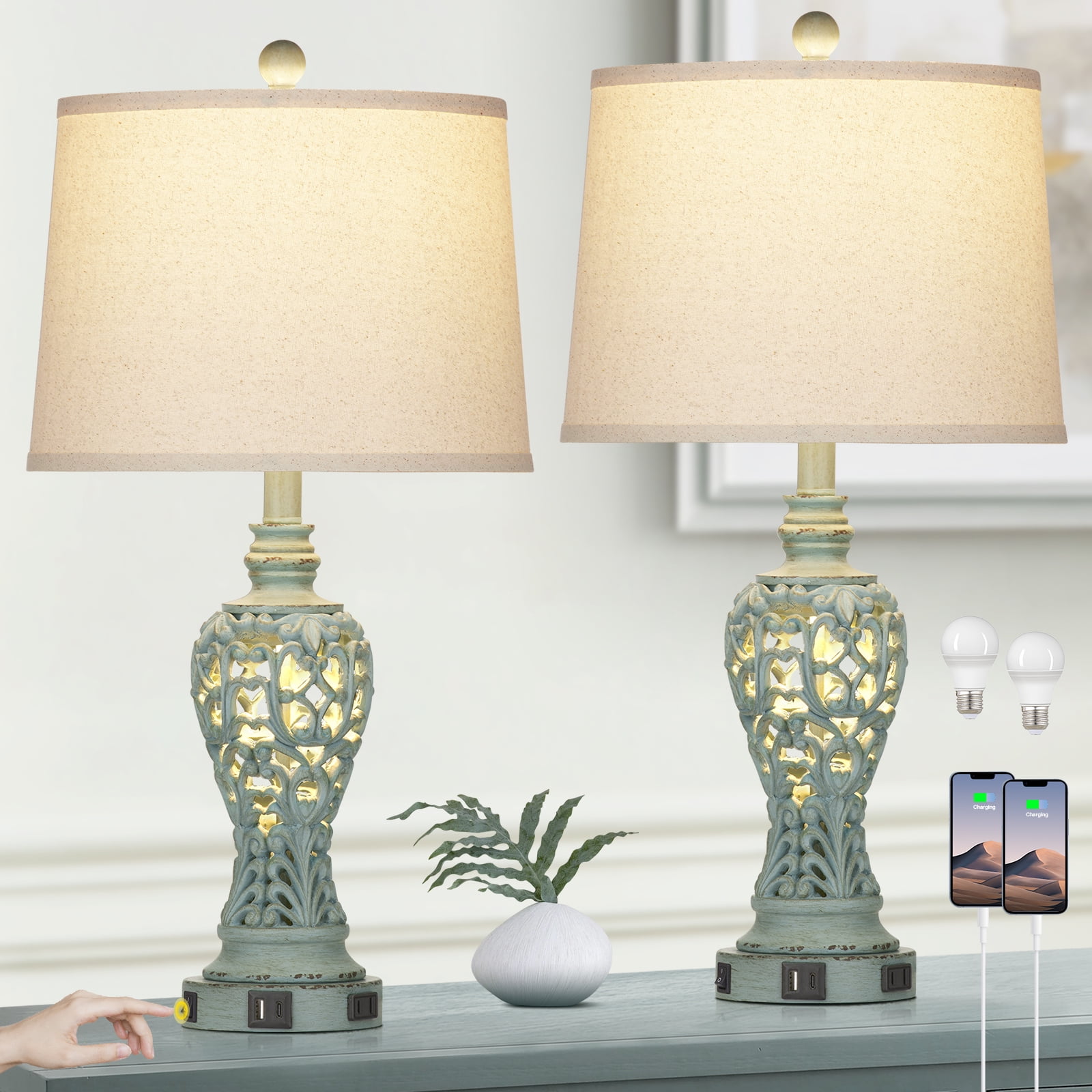 Cinkeda Resin Table Lamps Set of 2 for Living Room Bedroom with USB A+C ...