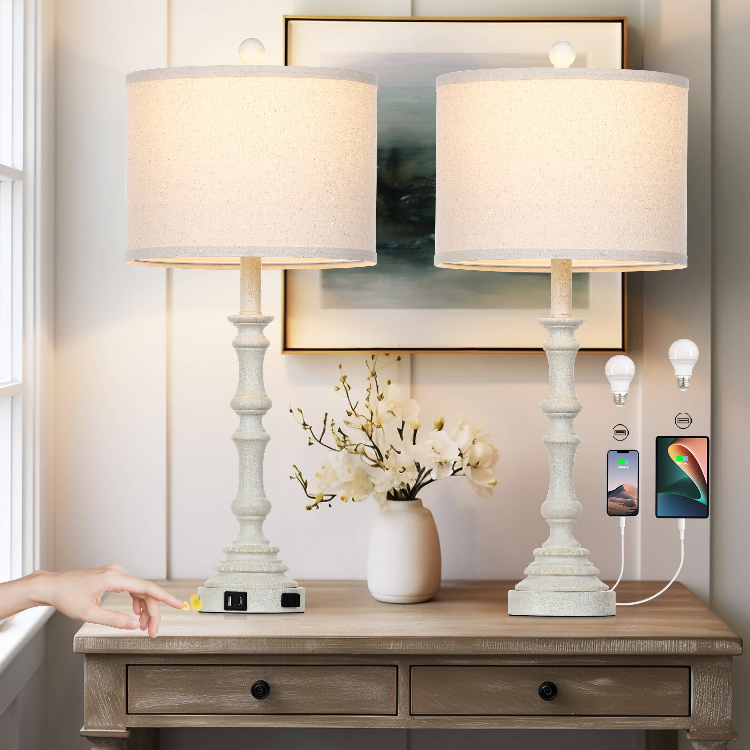 Cinkeda Set of 2 Bamboo White Resin Table Lamps with USB-C, USB-A & AC ...