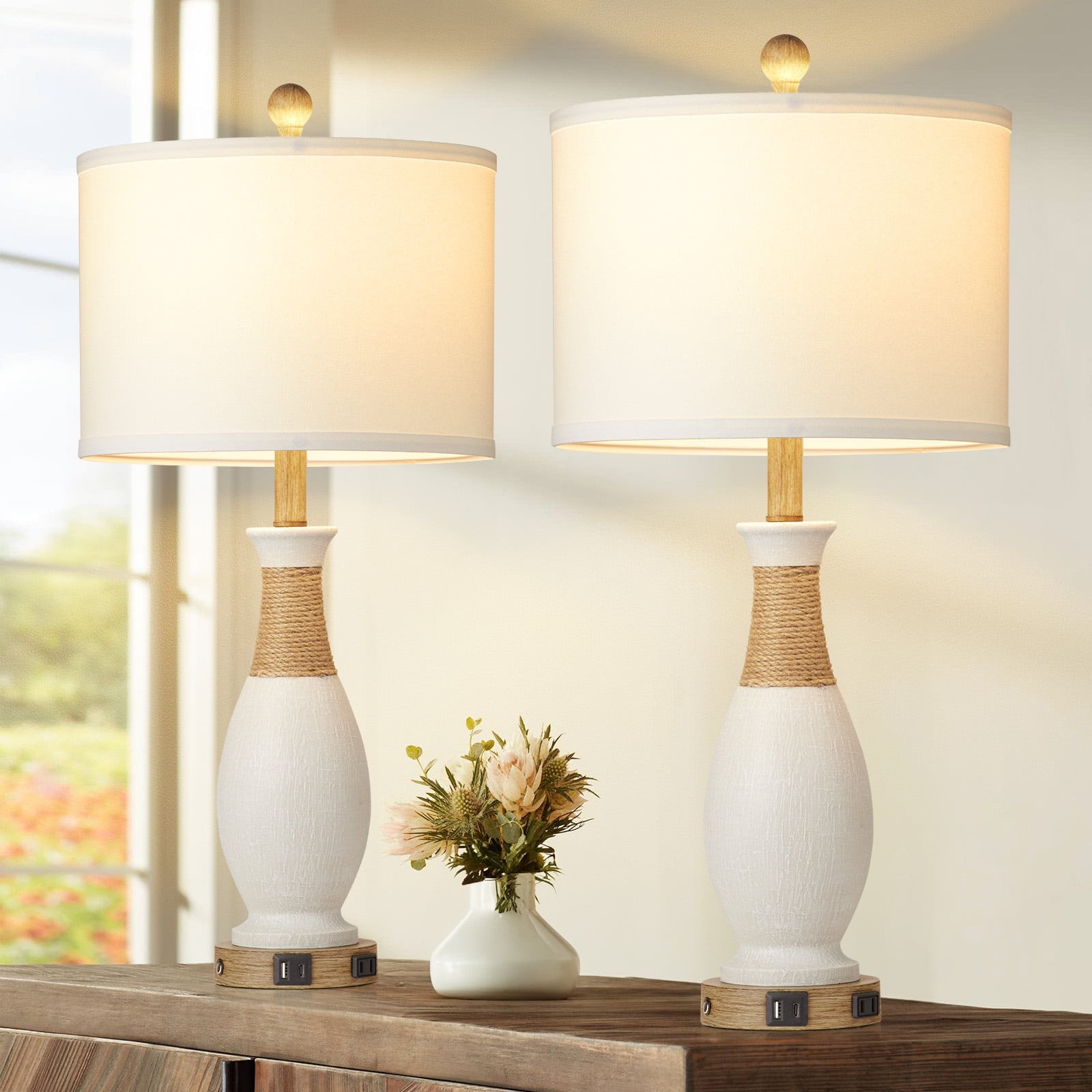 Cinkeda Farmhouse Resin Table Lamp Set of 2 with USB A+C Ports AC ...