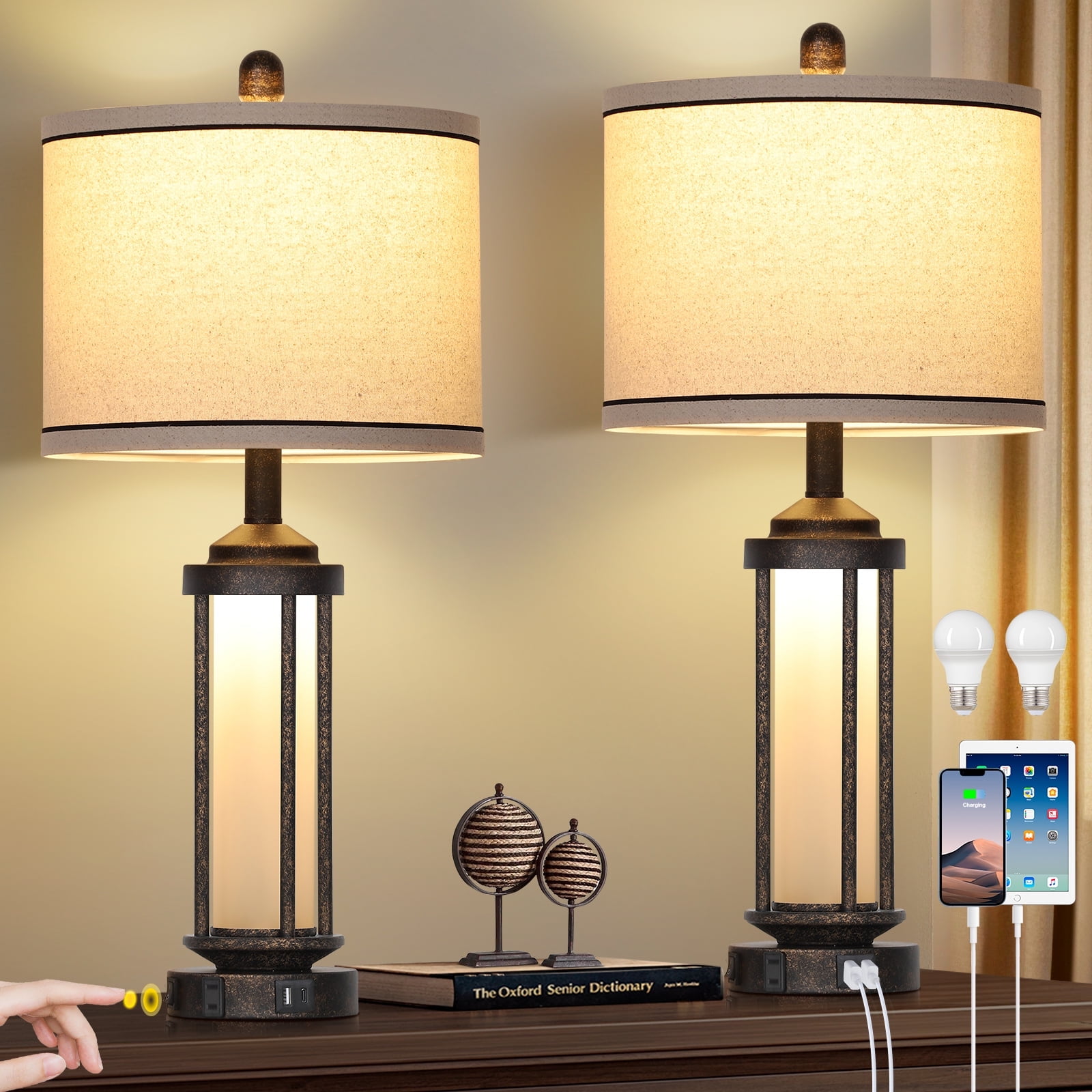 Cinkeda Table Lamps with USB A+C Charging Ports AC Outlet Glass Night ...