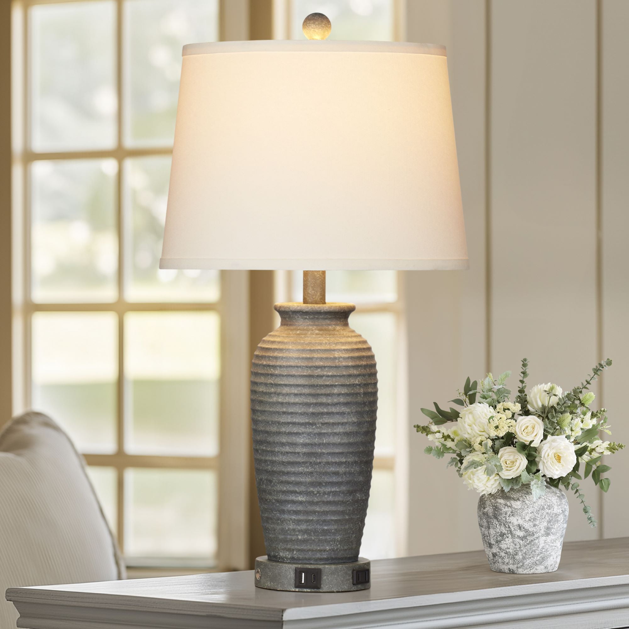 Cinkeda 3 Way Dimmable Jar Table Lamp with USB A+C Ports AC Outlet for ...