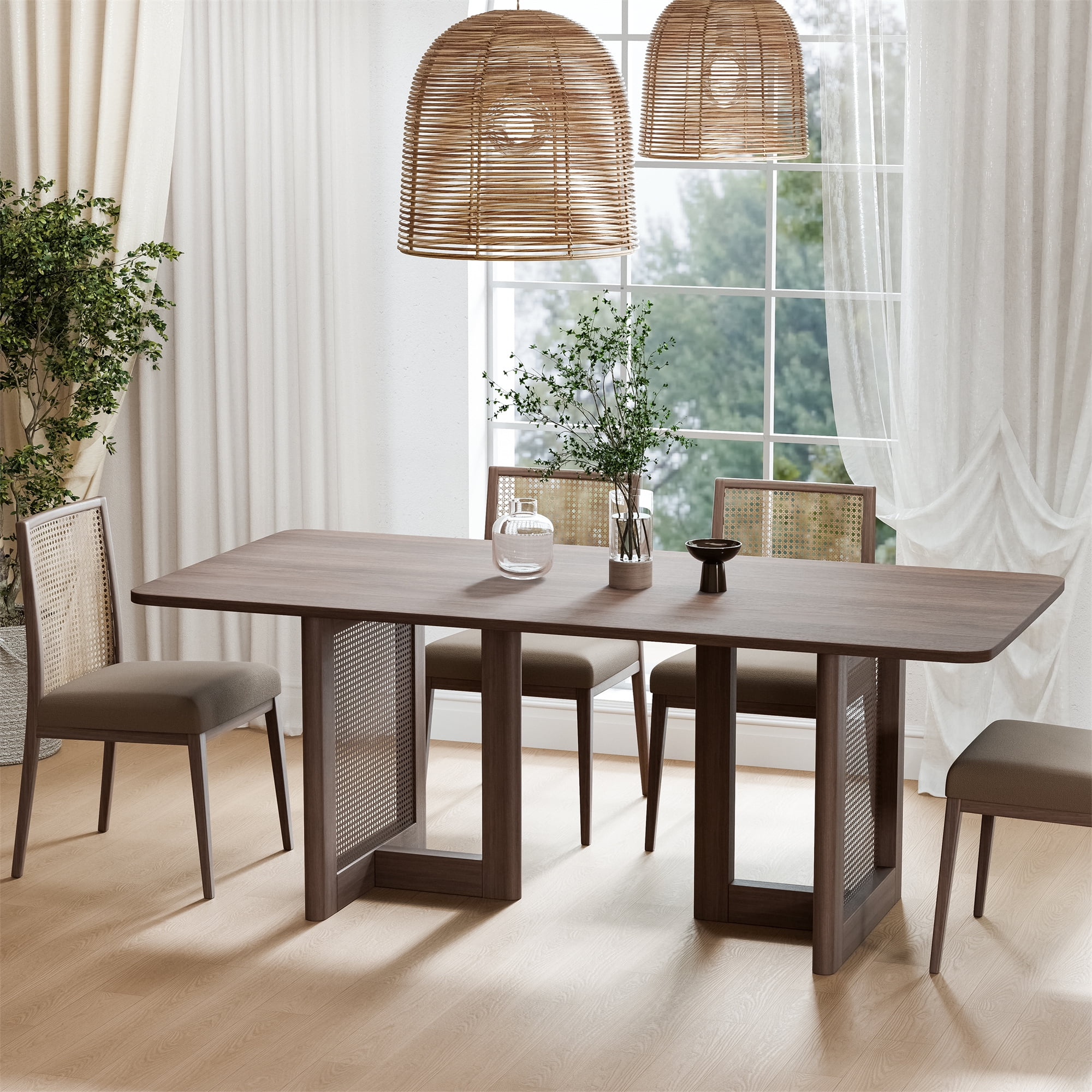Oak Wood Dining Table - Rectangle Kitchen Table - Walnut Finish ...