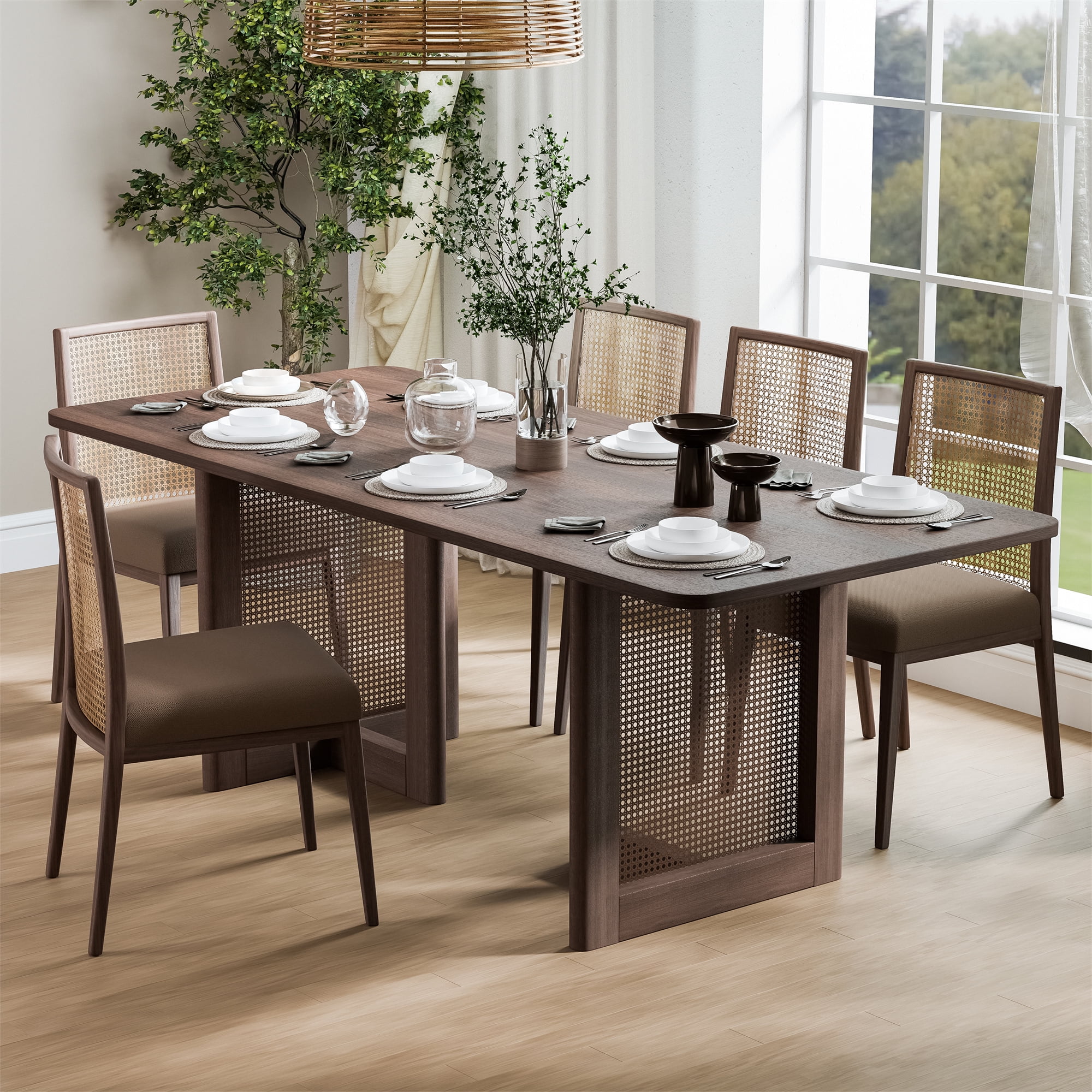 Cinna 79"x33.5" Soild Wood Dining Table Rattan Rectangle Kitchen Table ...
