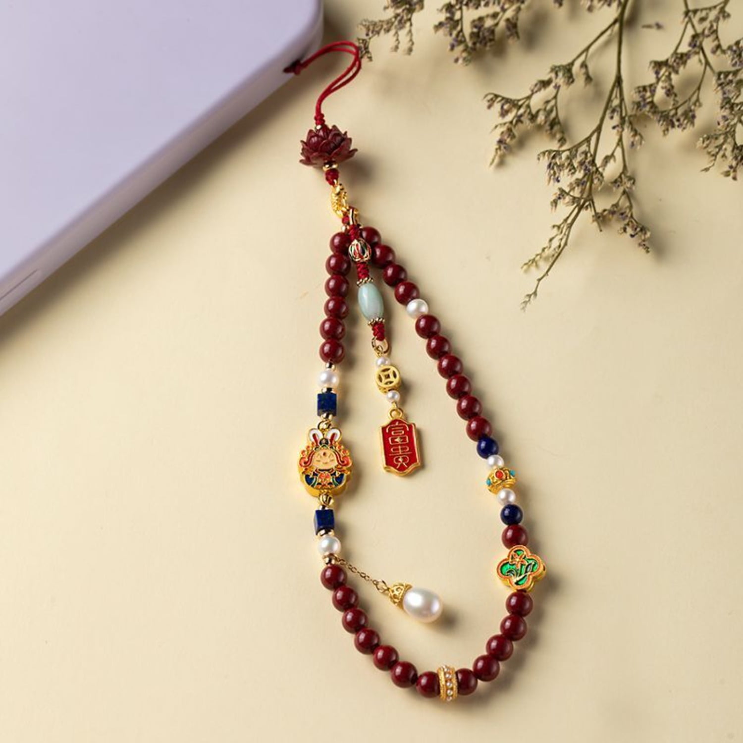 Cinnabar Lotus Peace Blessing Cell Phone Lanyard Chain Imitation Pearl ...
