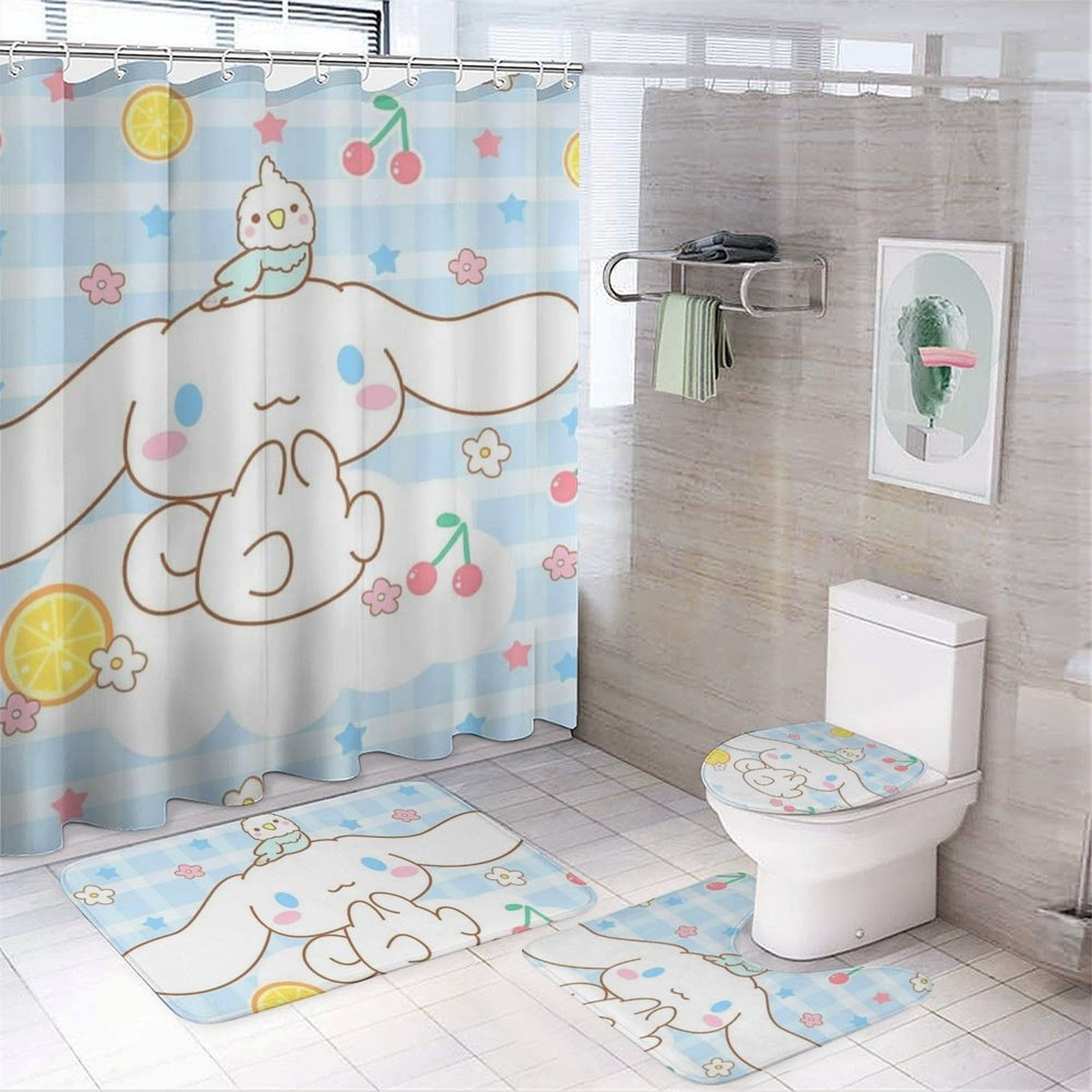 Cinnamoroll 4 Pcs Shower Curtain Sets with Rugs, Bath Mat, U Shape And ...