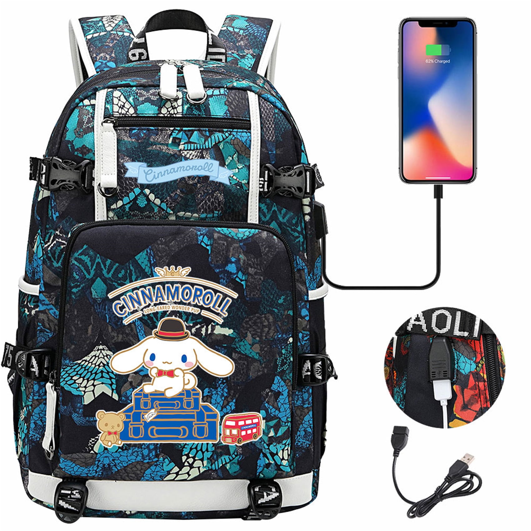 Cinnamoroll Cartoon Backpack with USB Charge Port Waterproof School ...