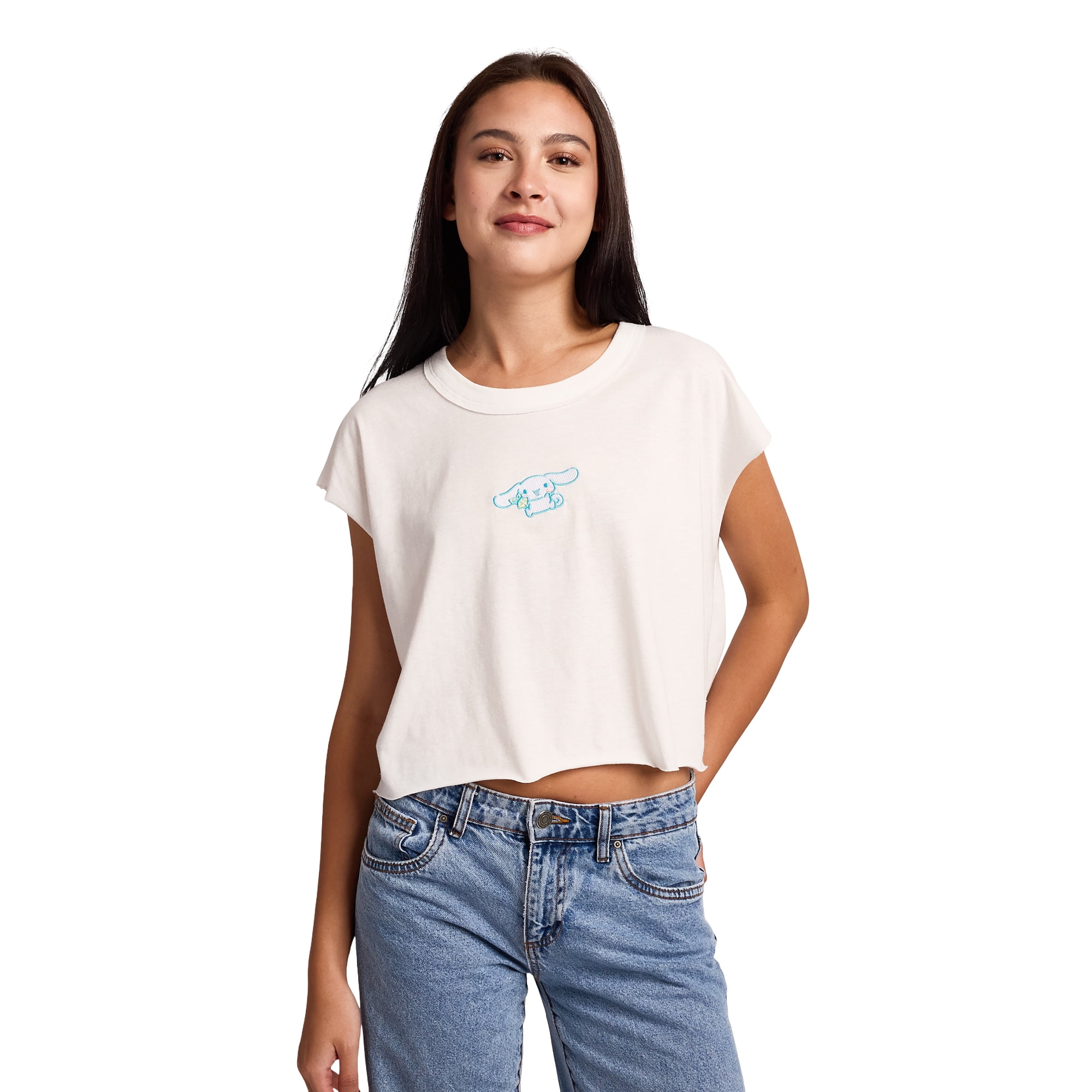 Cinnamoroll Embroidered Character Women's White Raw Hem Cropped Tank ...
