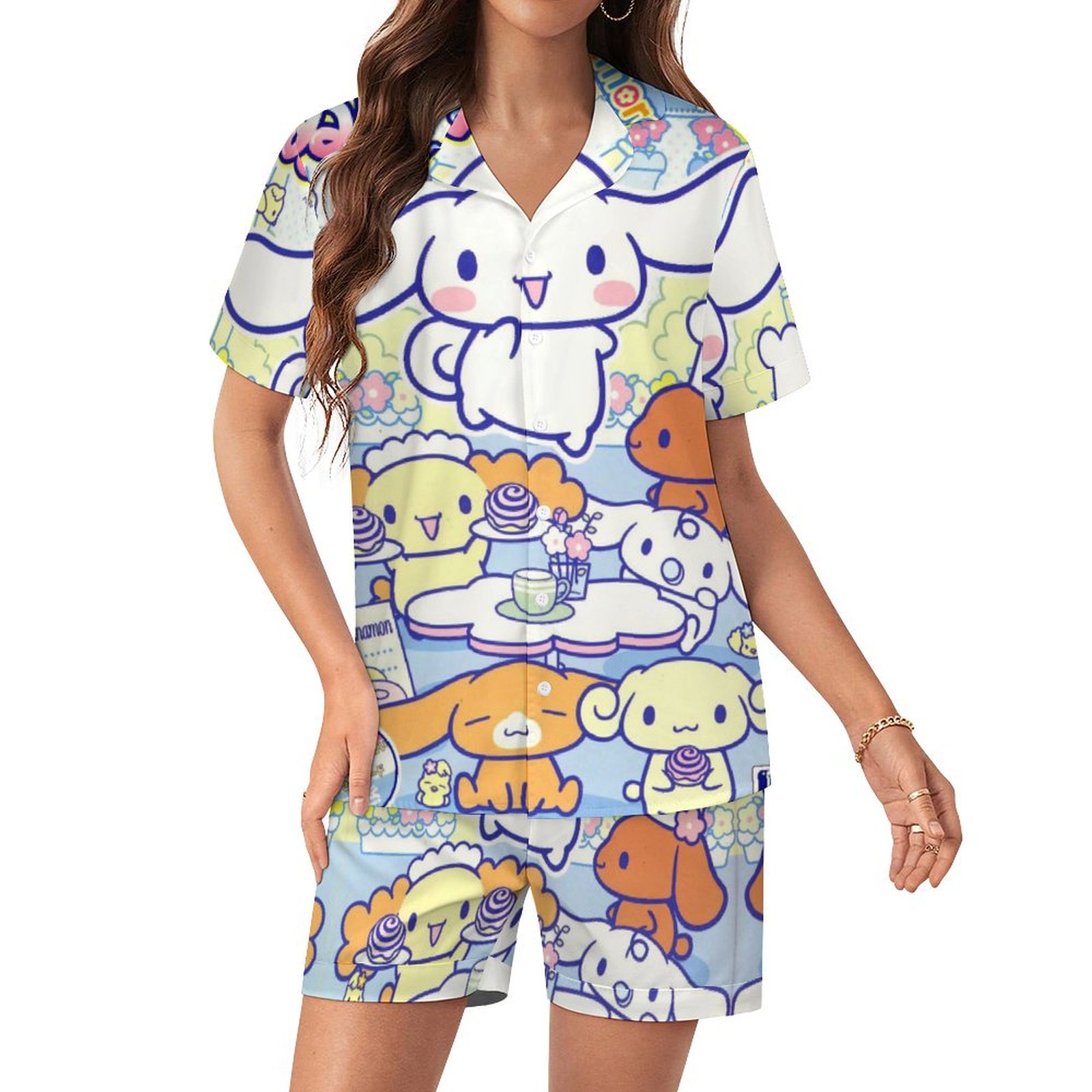 Cinnamoroll Women Pajamas Set Short Sleeve Sleepwear Button Down ...