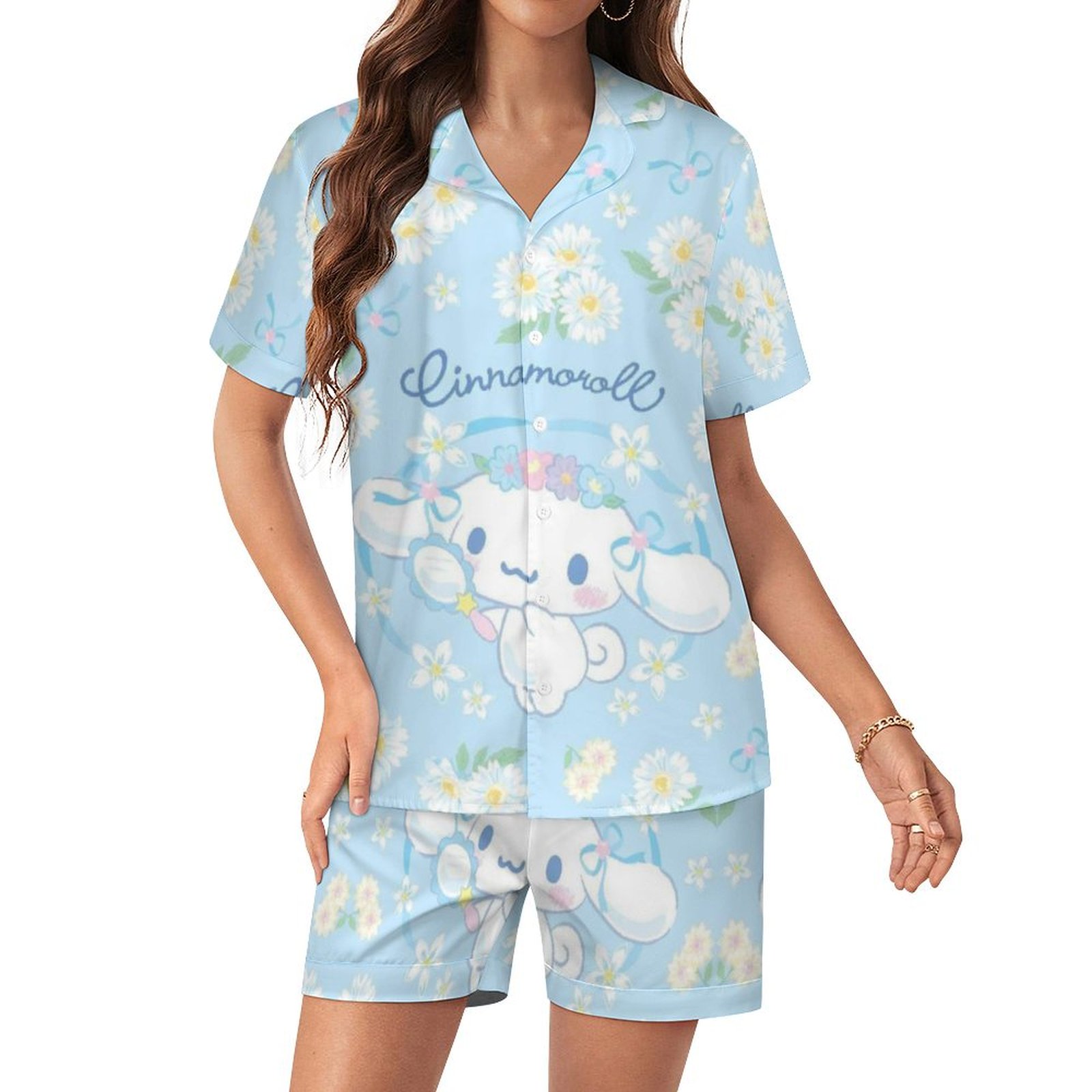 Cinnamoroll Women Pajamas Set Short Sleeve Sleepwear Button Down ...