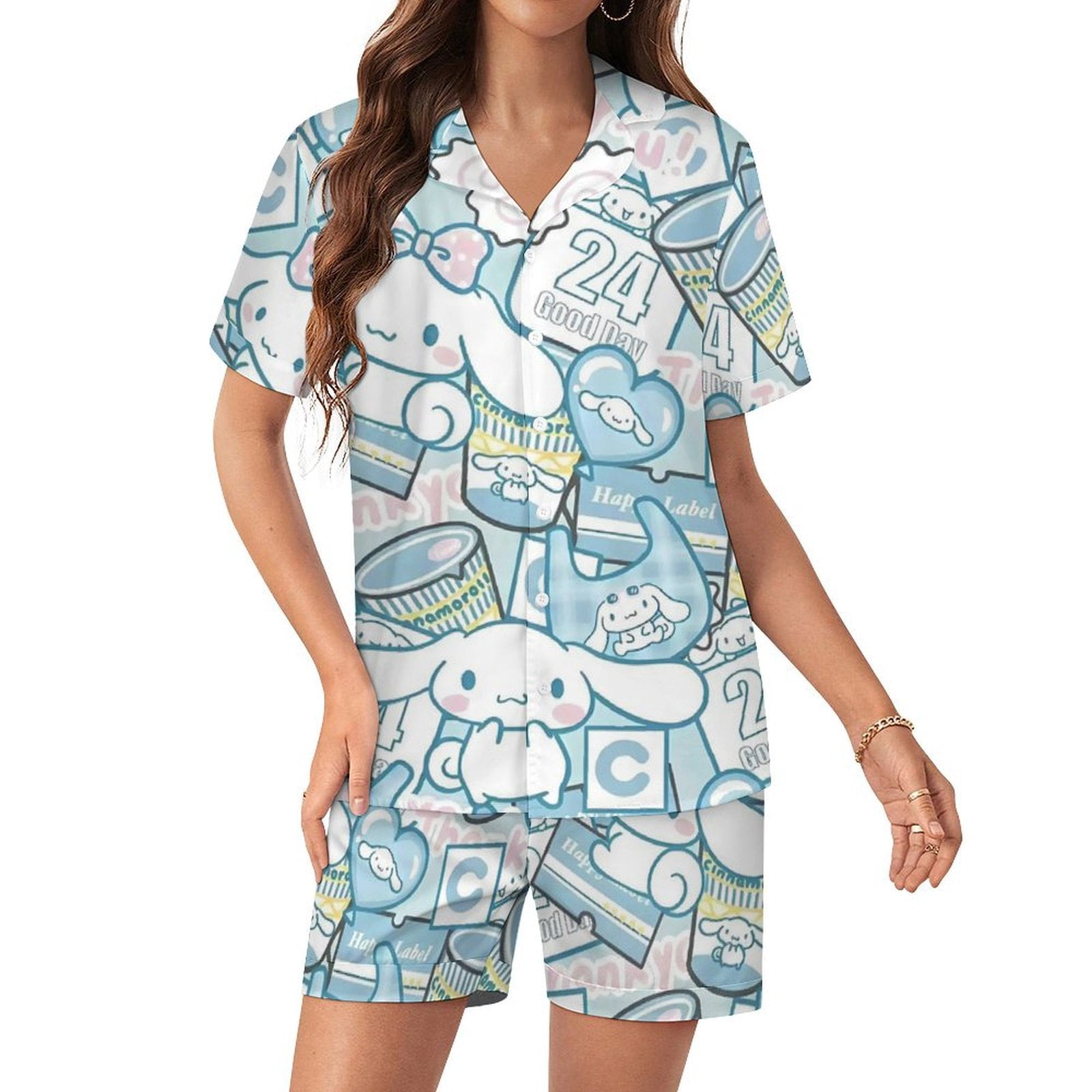 Cinnamoroll Women Pajamas Set Short Sleeve Sleepwear Button Down ...