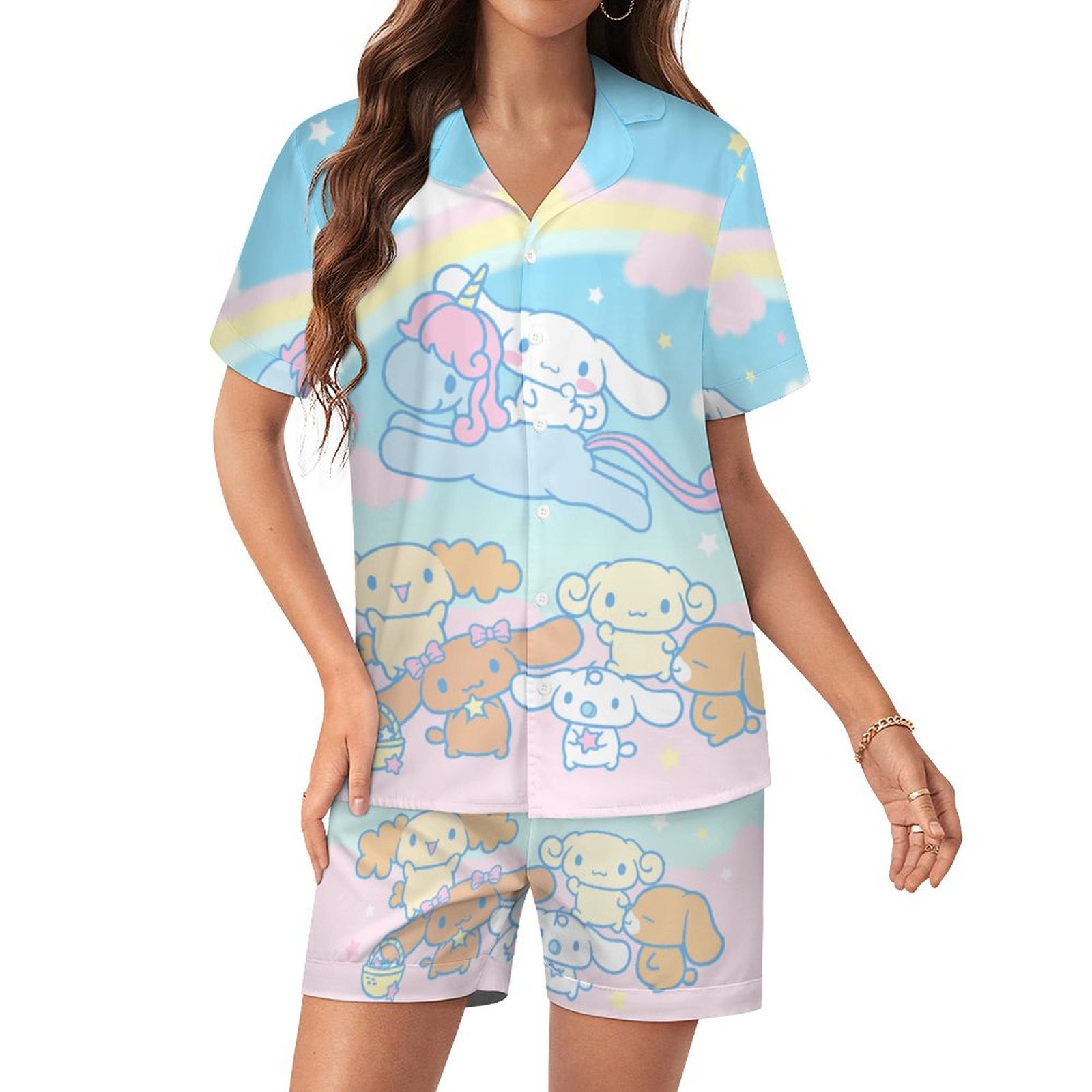 Cinnamoroll Women Pajamas Set Short Sleeve Sleepwear Button Down ...