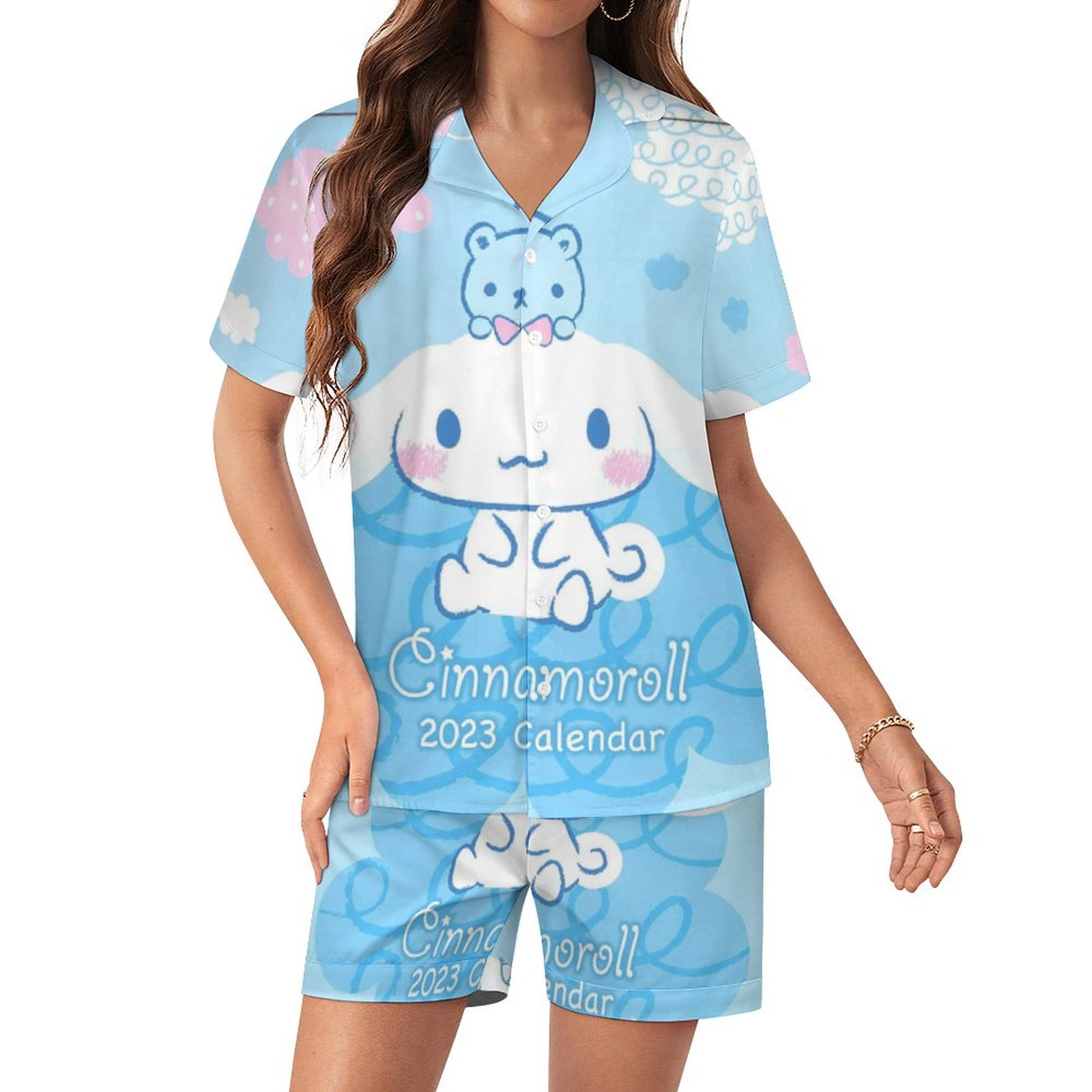 Cinnamoroll Women Pajamas Set Short Sleeve Sleepwear Button Down ...