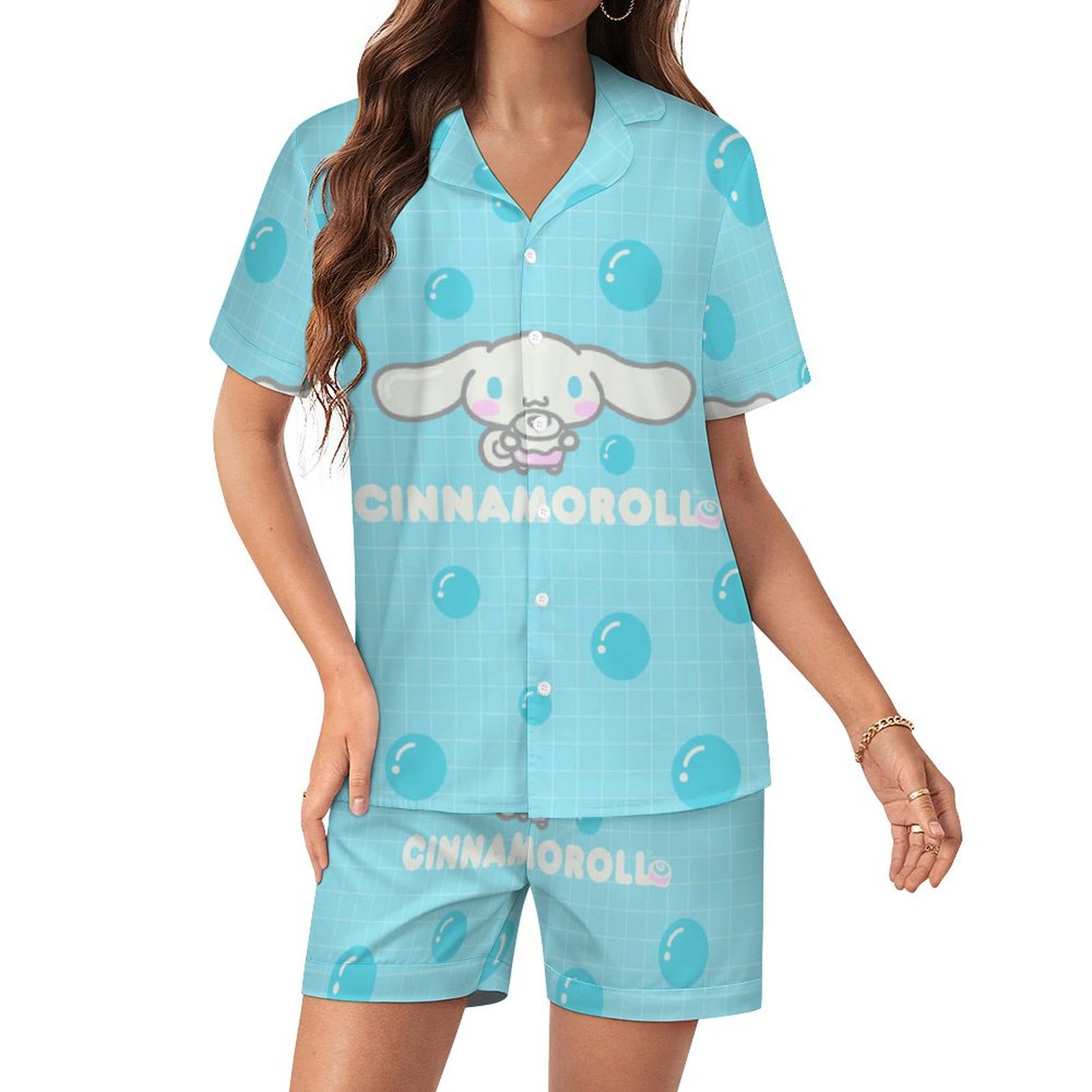 Cinnamoroll Women Pajamas Set Short Sleeve Sleepwear Button Down ...
