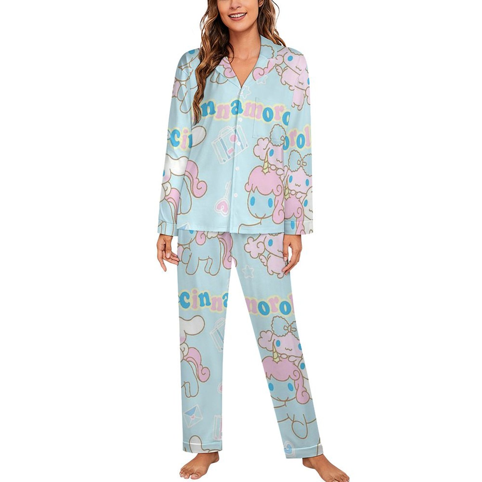 Cinnamoroll Women's Long Sleeve Cuban Tie Pocket Pajama Set L - Walmart.com